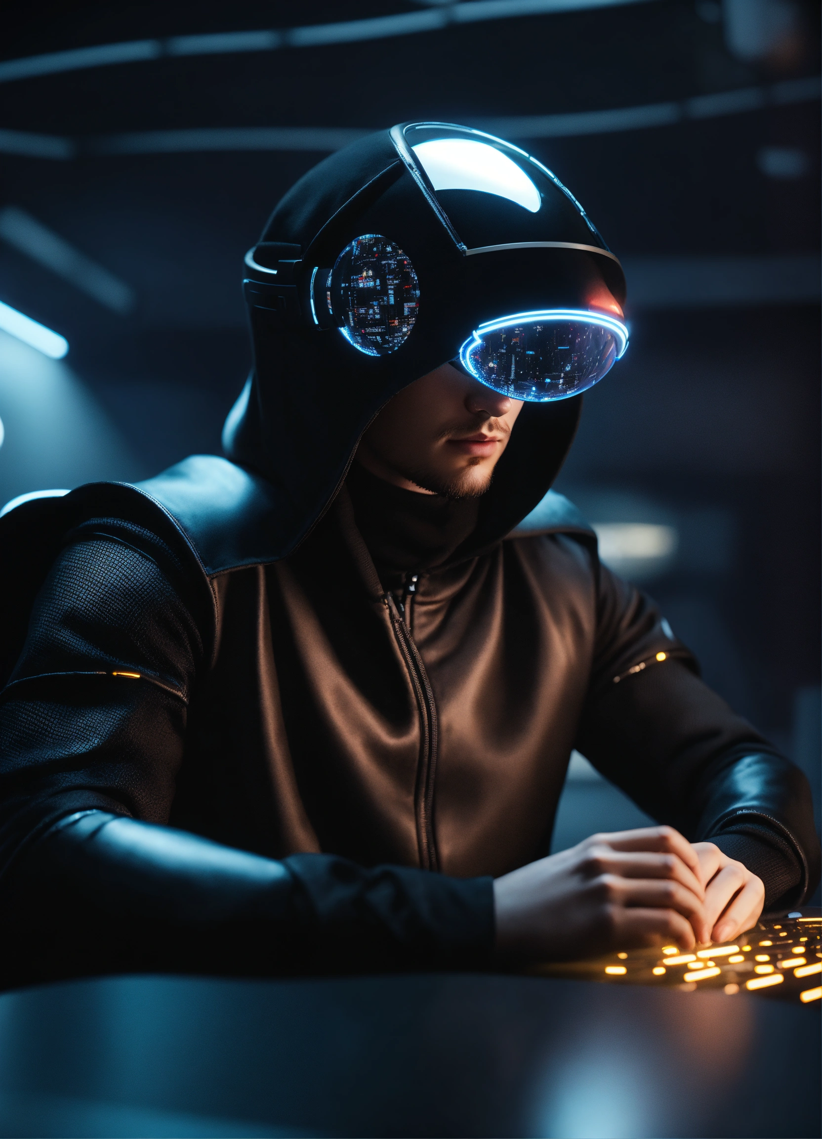 Lexica - Nerdy 25 year old male hacker wearing futuristic black ...