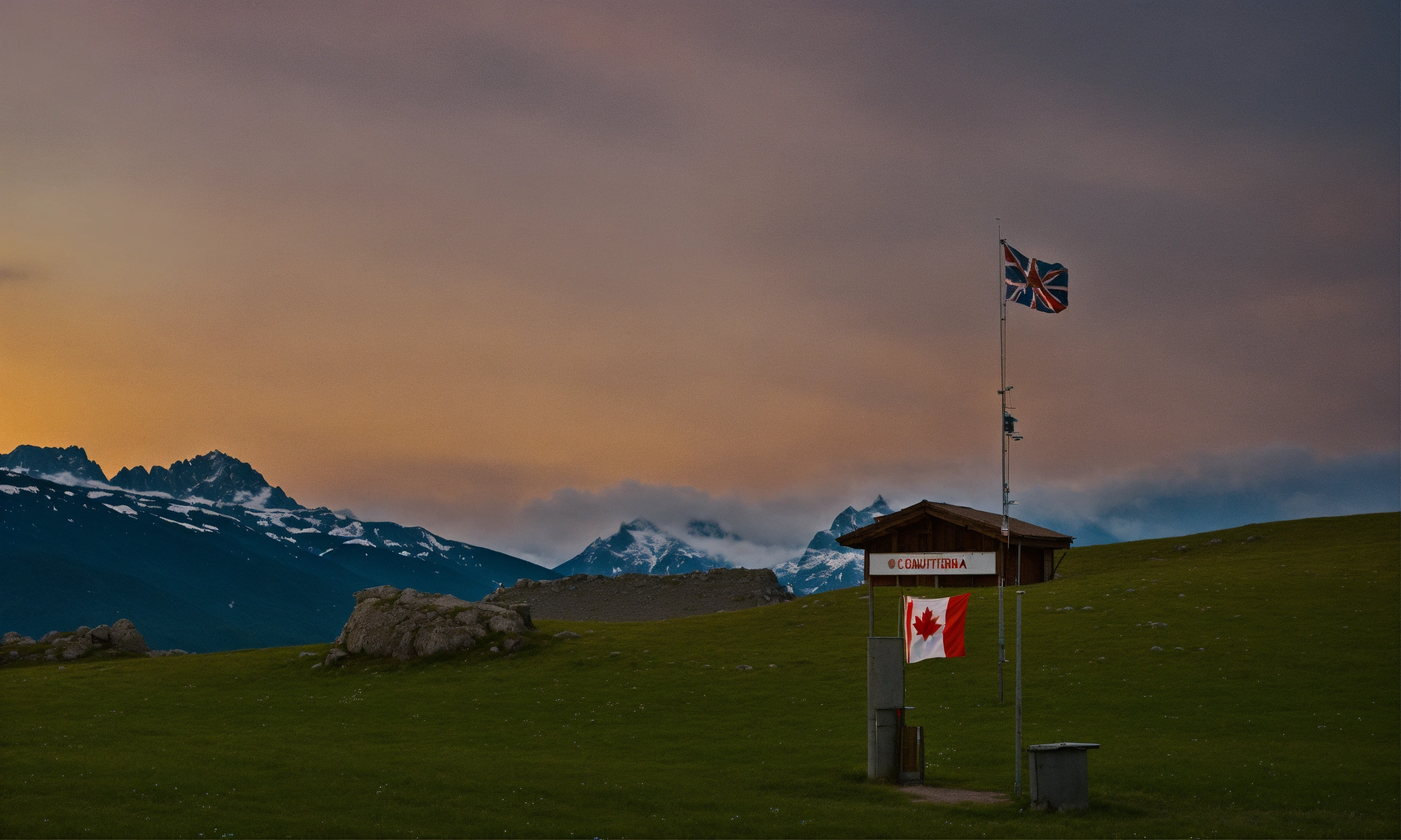 Lexica - Mountains across a meadow, with a small checkpoint building ...