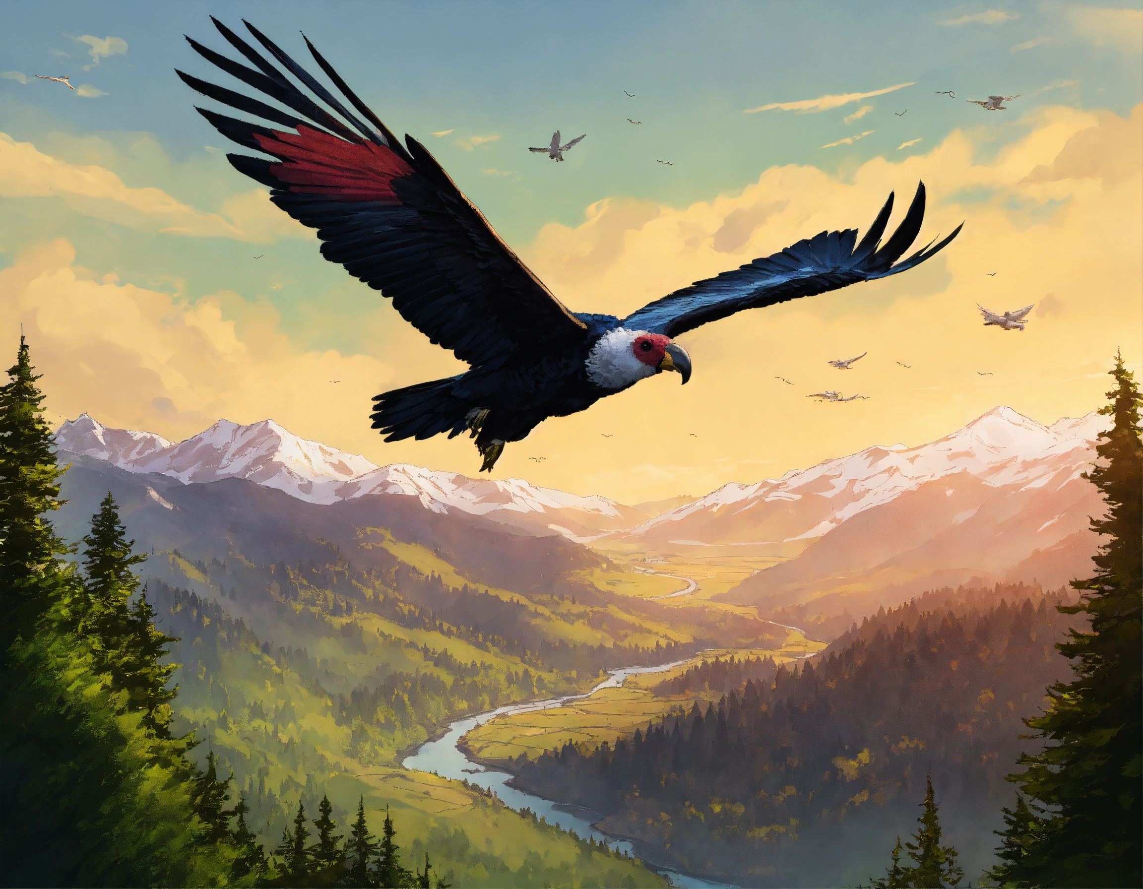 Lexica - Above view concept art of a big condor flying over a grassland ...