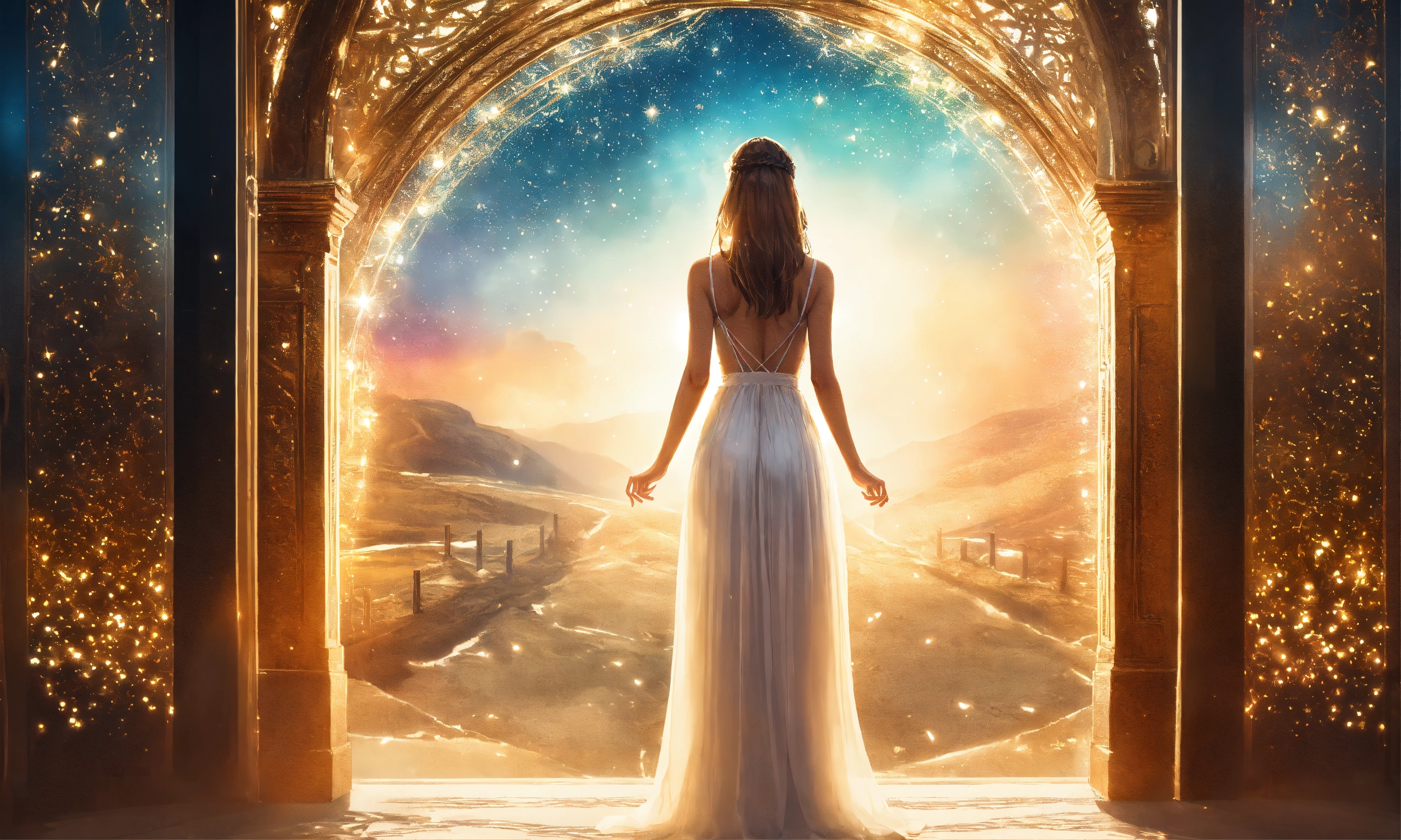 Lexica - Create an image of a woman from behind. five portals gates and ...