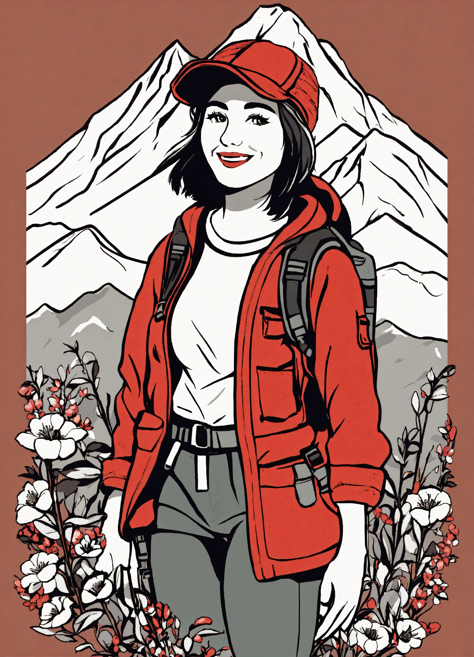 Lexica - Cute female hiker, with flowers and mountains, t-shirt design ...