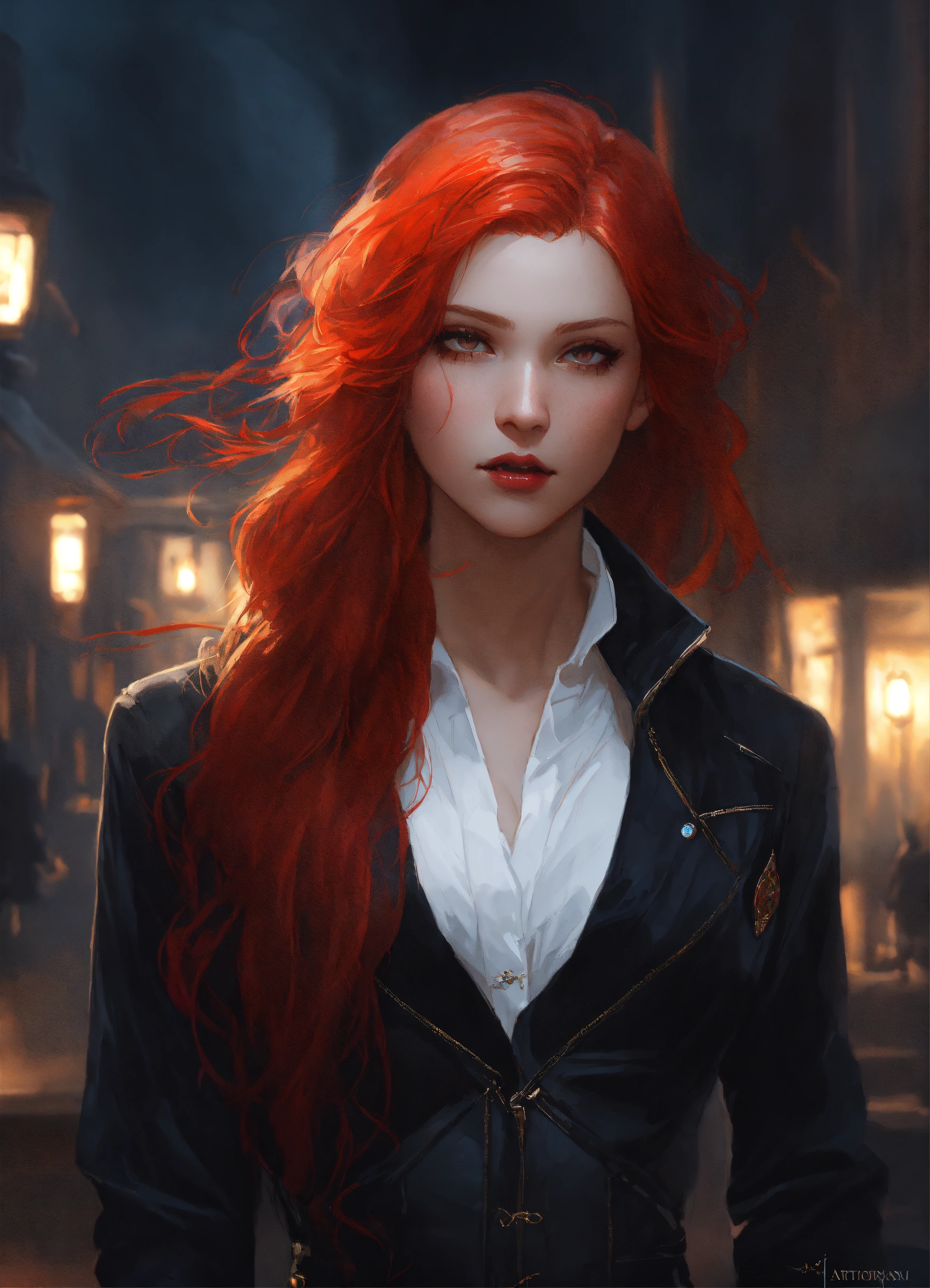 Lexica - Beautiful, red hair, vampire, long hair, black jacket, white ...