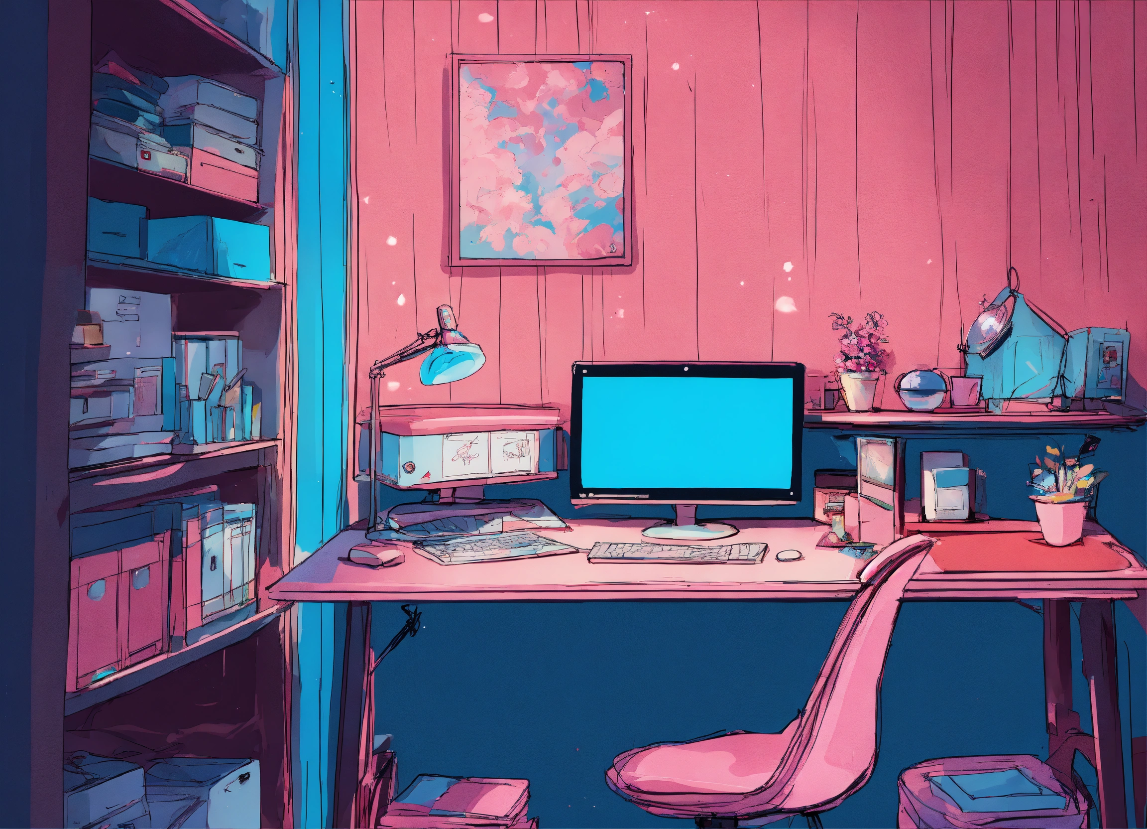 Lexica - Pink and blue anime bedroom desk, computer, sketch style