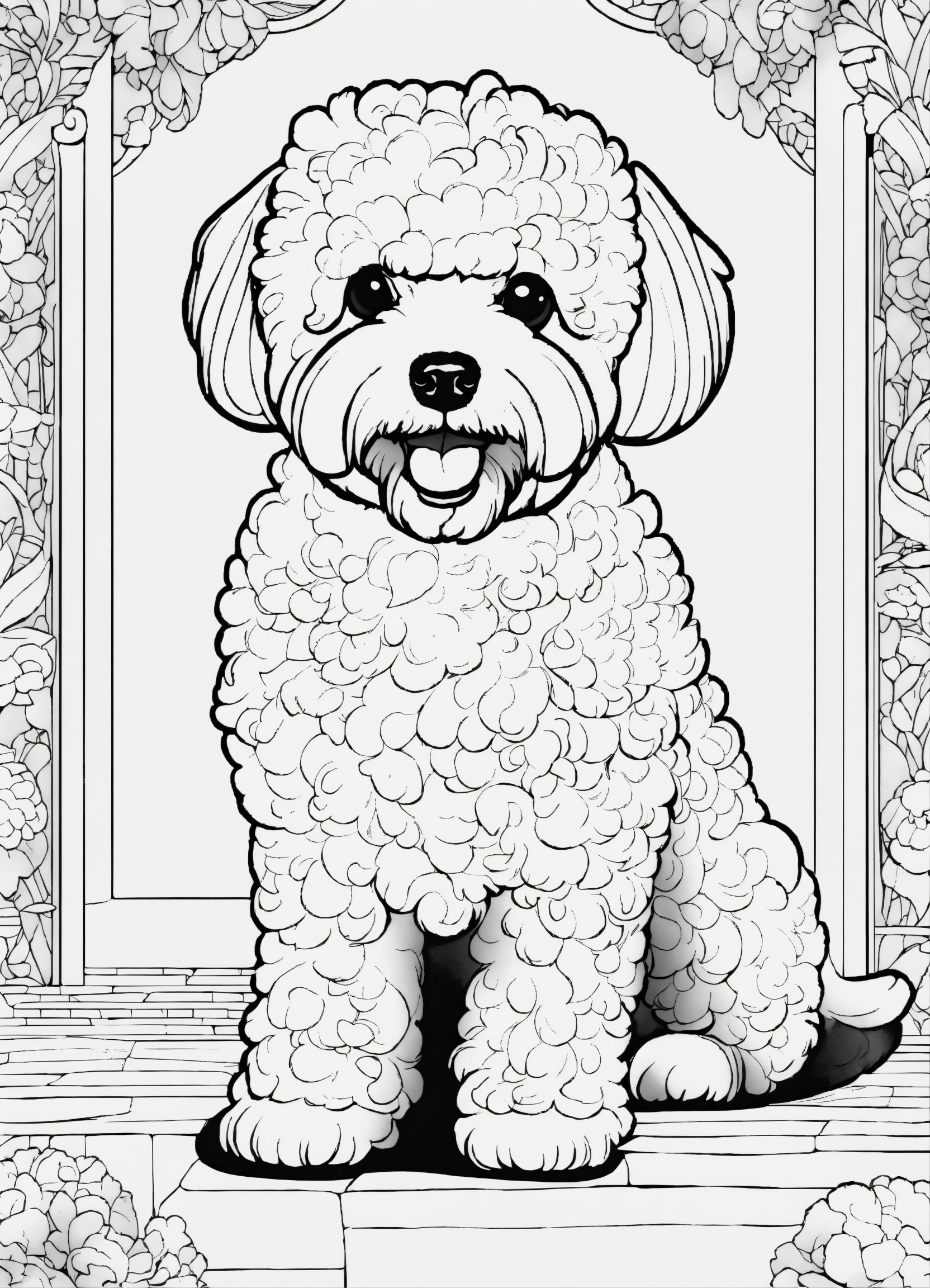 Lexica - Lovely background with Bichon Friese, format as coloring book page