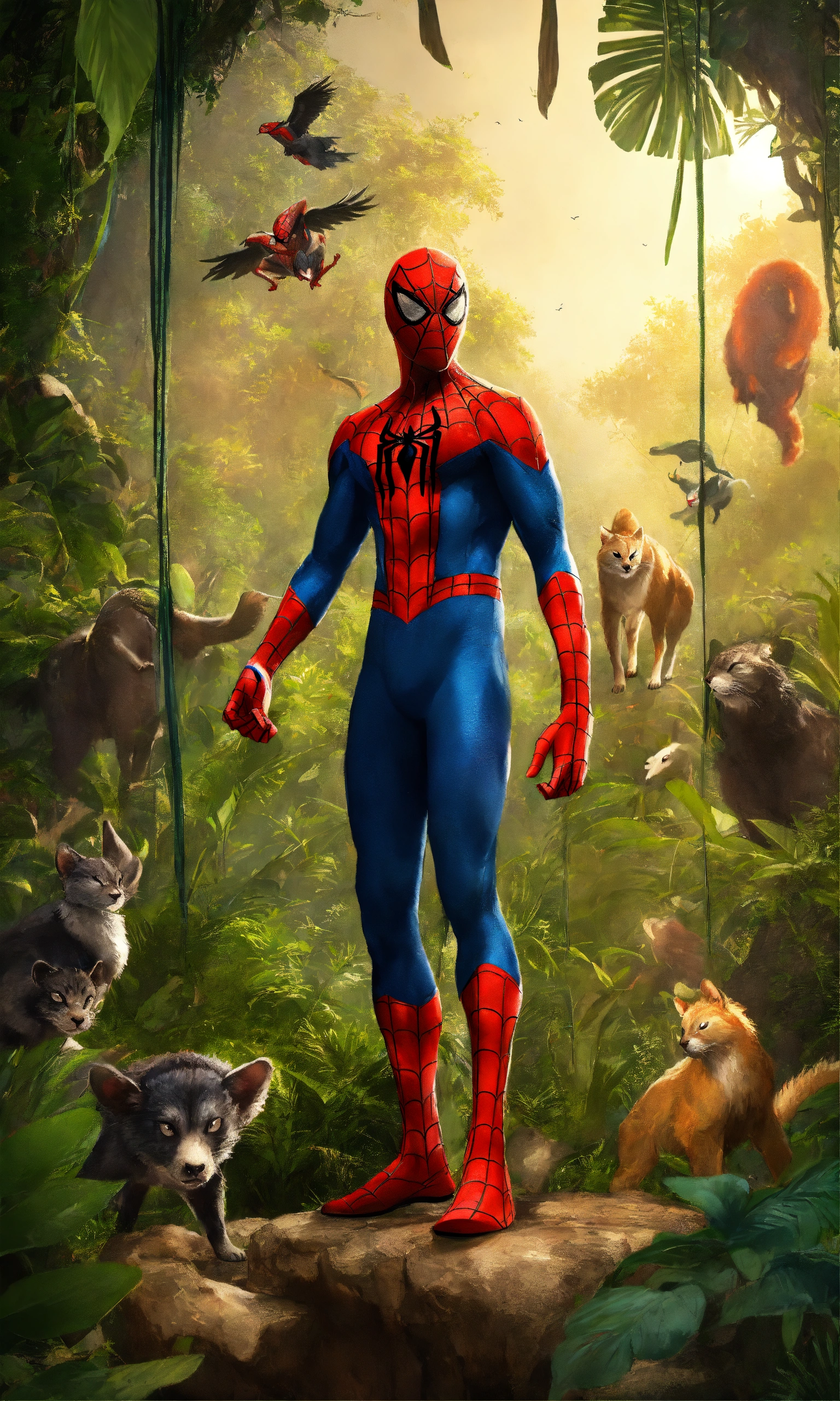 Lexica - Spiderman in Jungle with animals, 2D render, full-body view ...