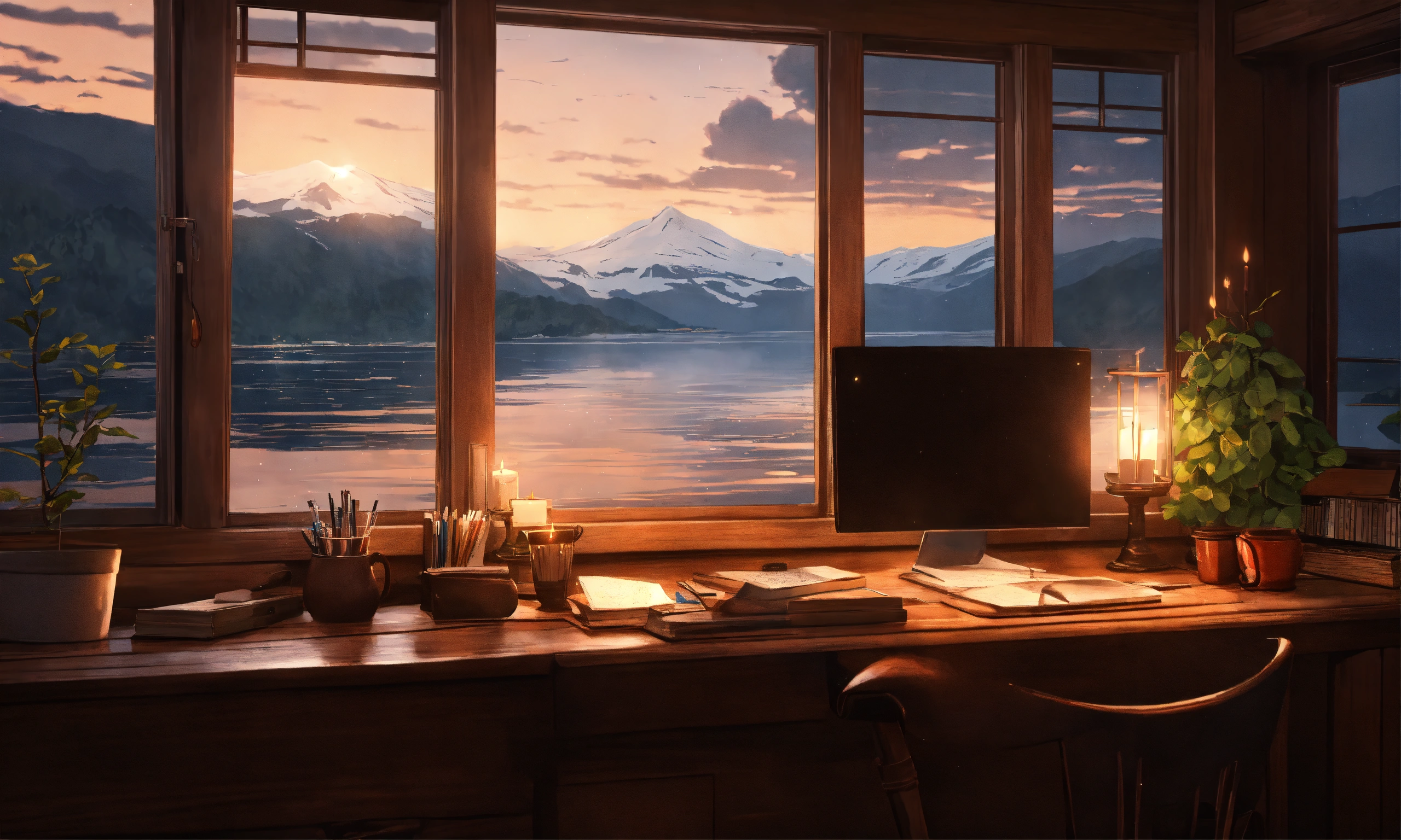 Lexica - Anime study room in finland against fjord, big centered window ...