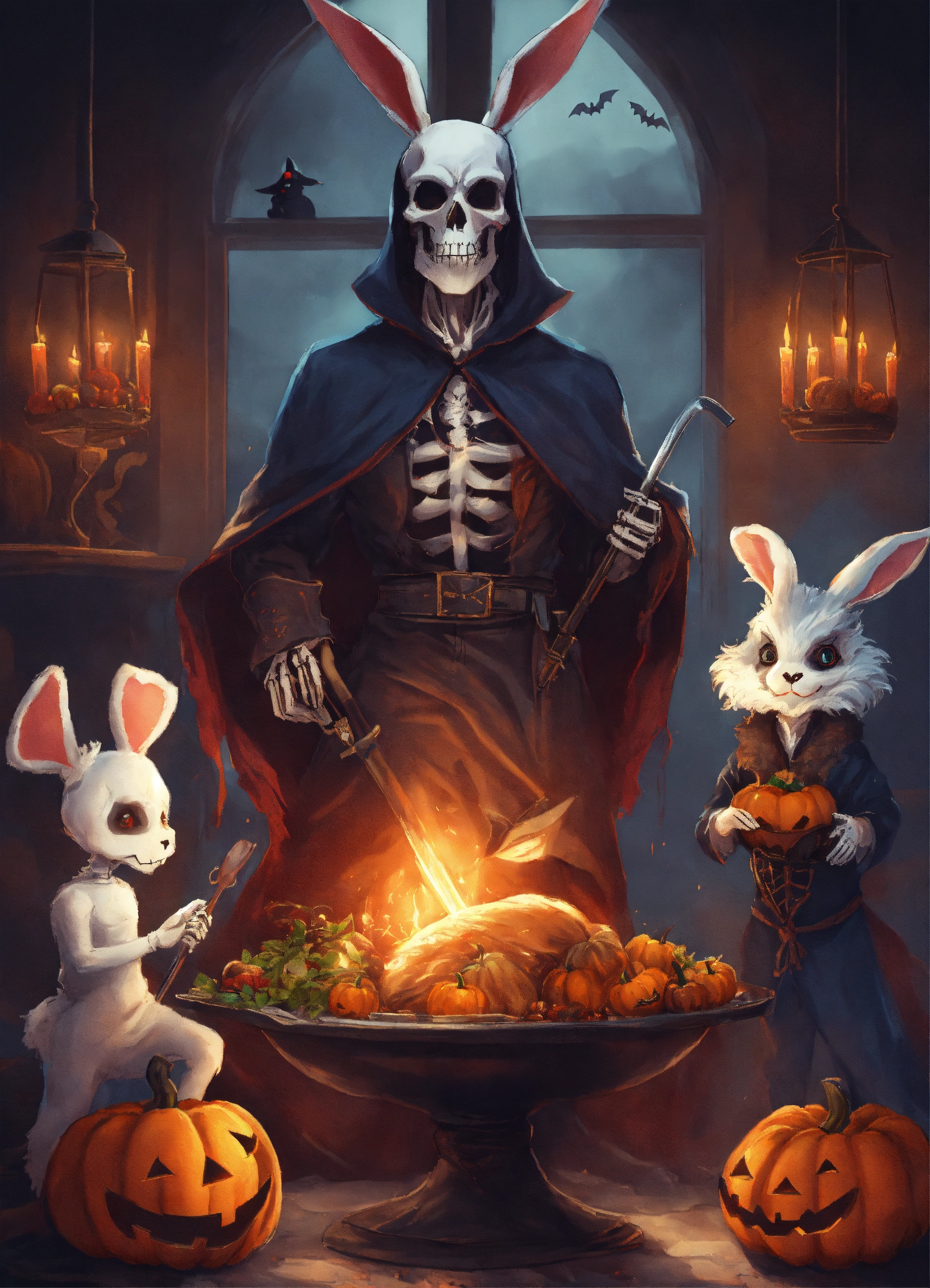 Lexica - Skeletal Grim Reaper in a dark robe, ghost, Halloween Bunny ...