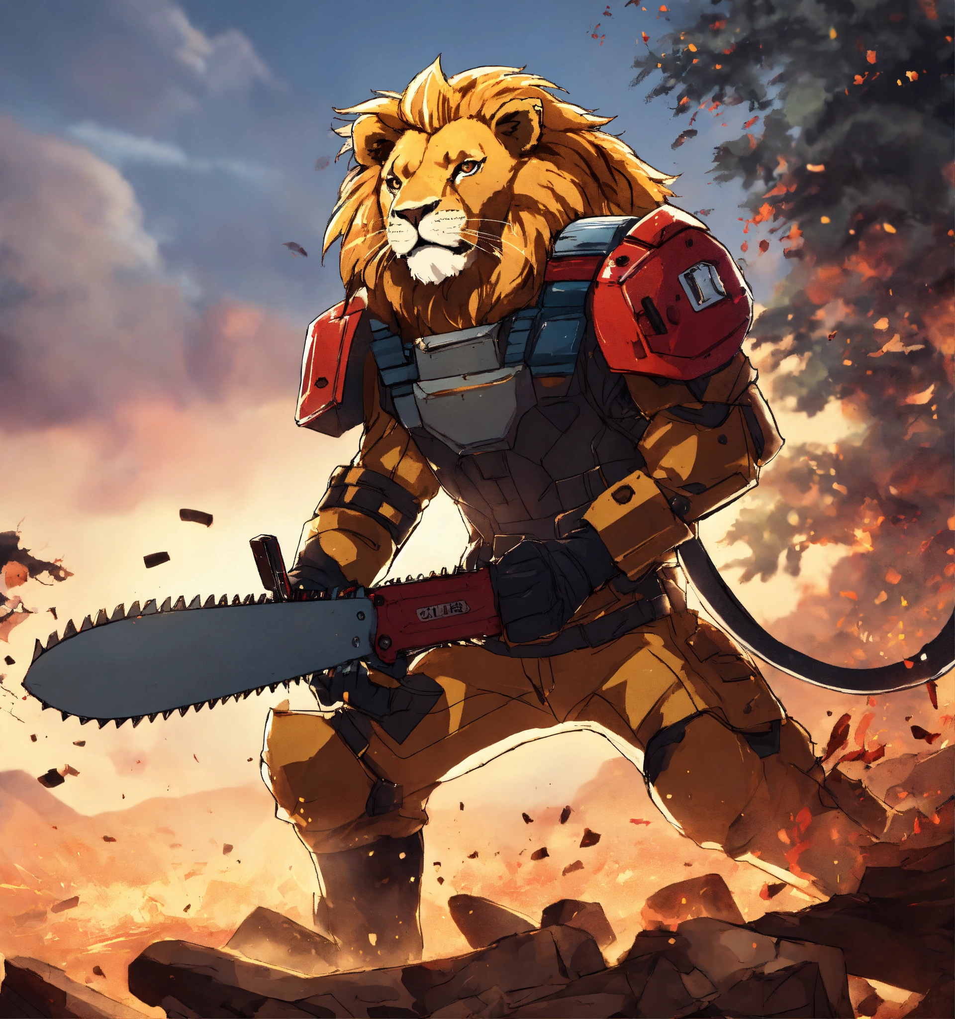 Lexica - Anime humanoid lion soilder fighting with a chainsaw in his hands