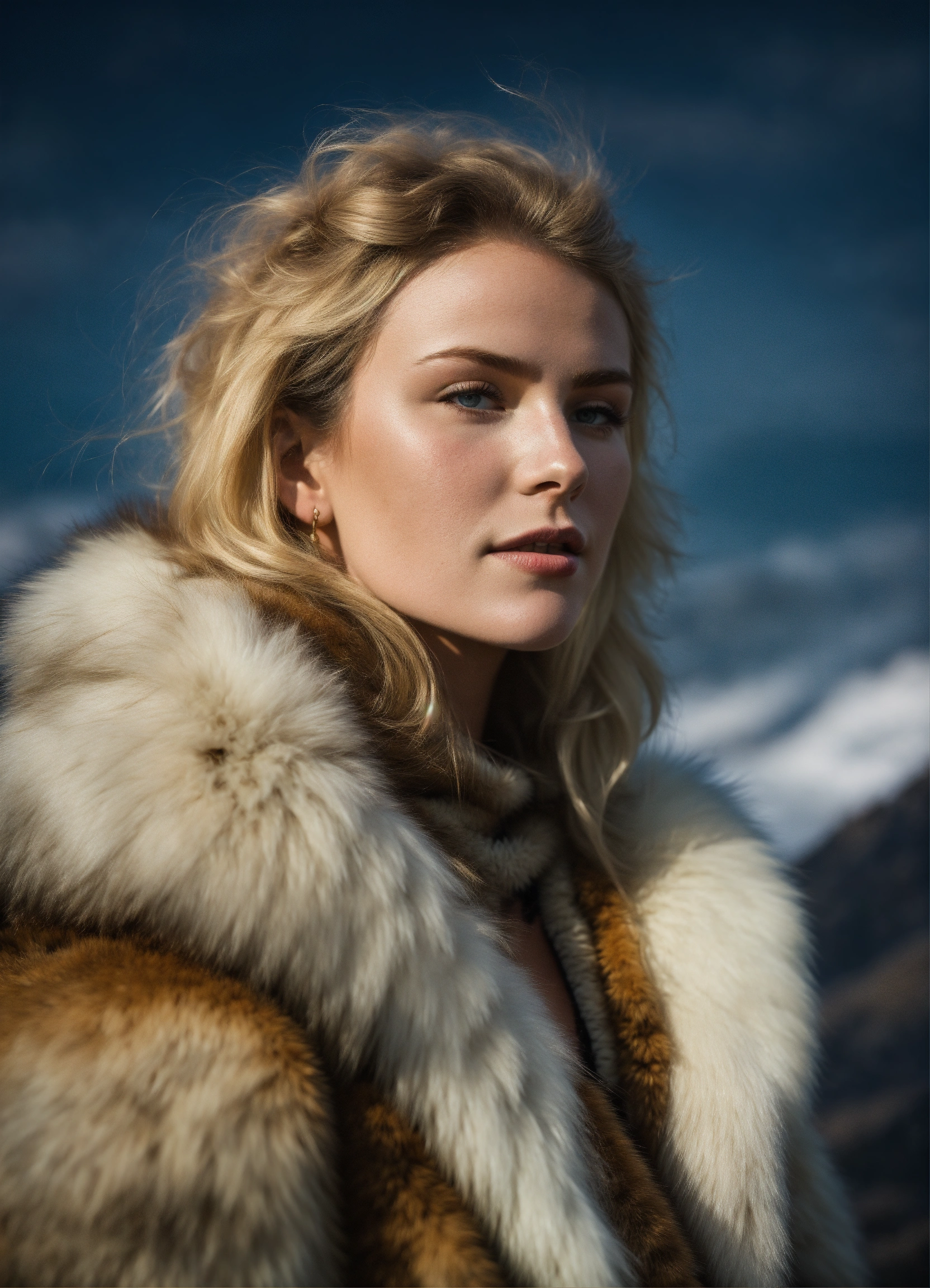 Lexica - An Anglo-Saxon blonde woman in furs on a mountain peak.