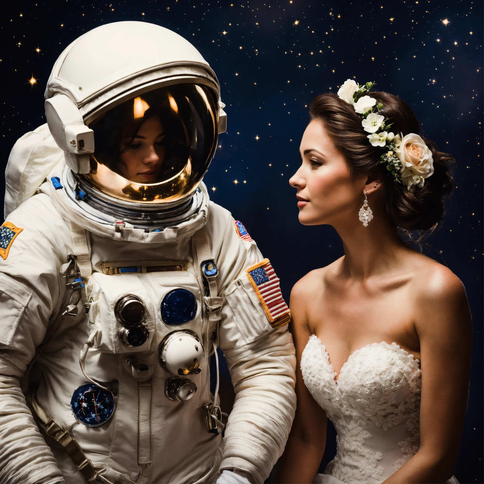 Lexica - Astronaut, realistic, the bride with astronaut helmet and groom