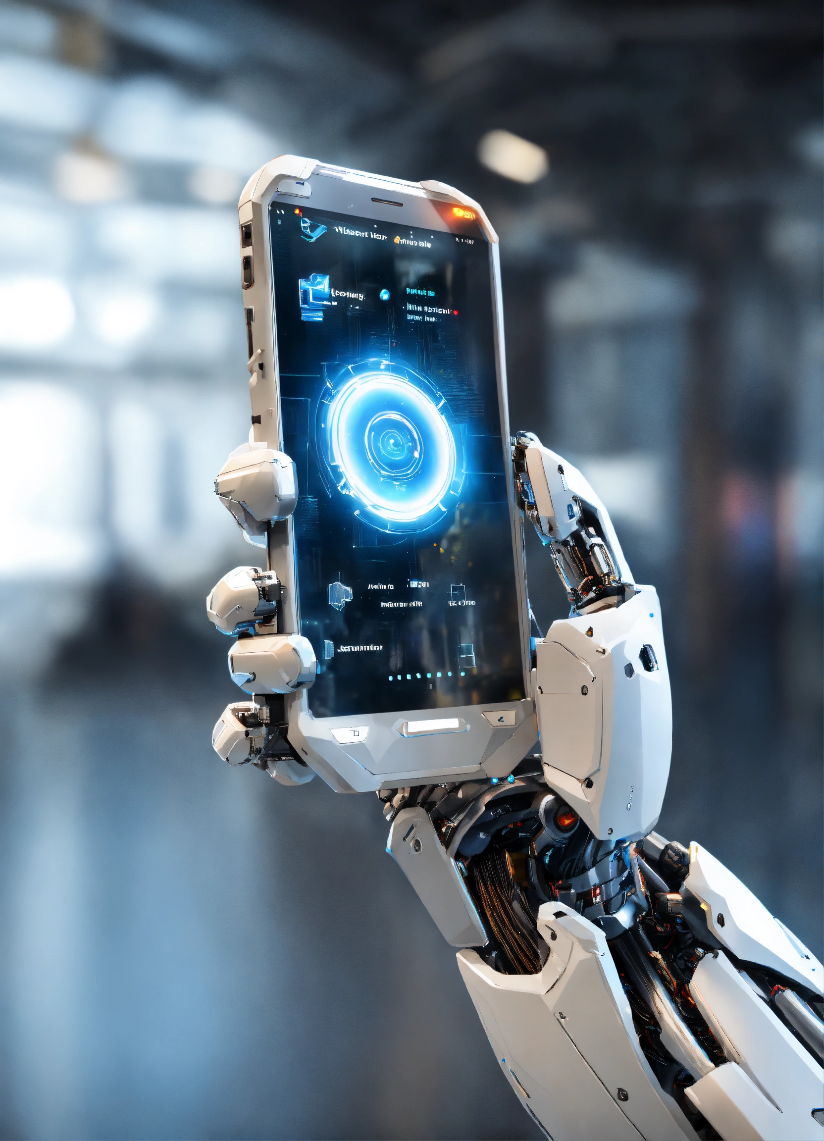 Lexica - White humanoid cyborg arm holding smartphone, first-person ...