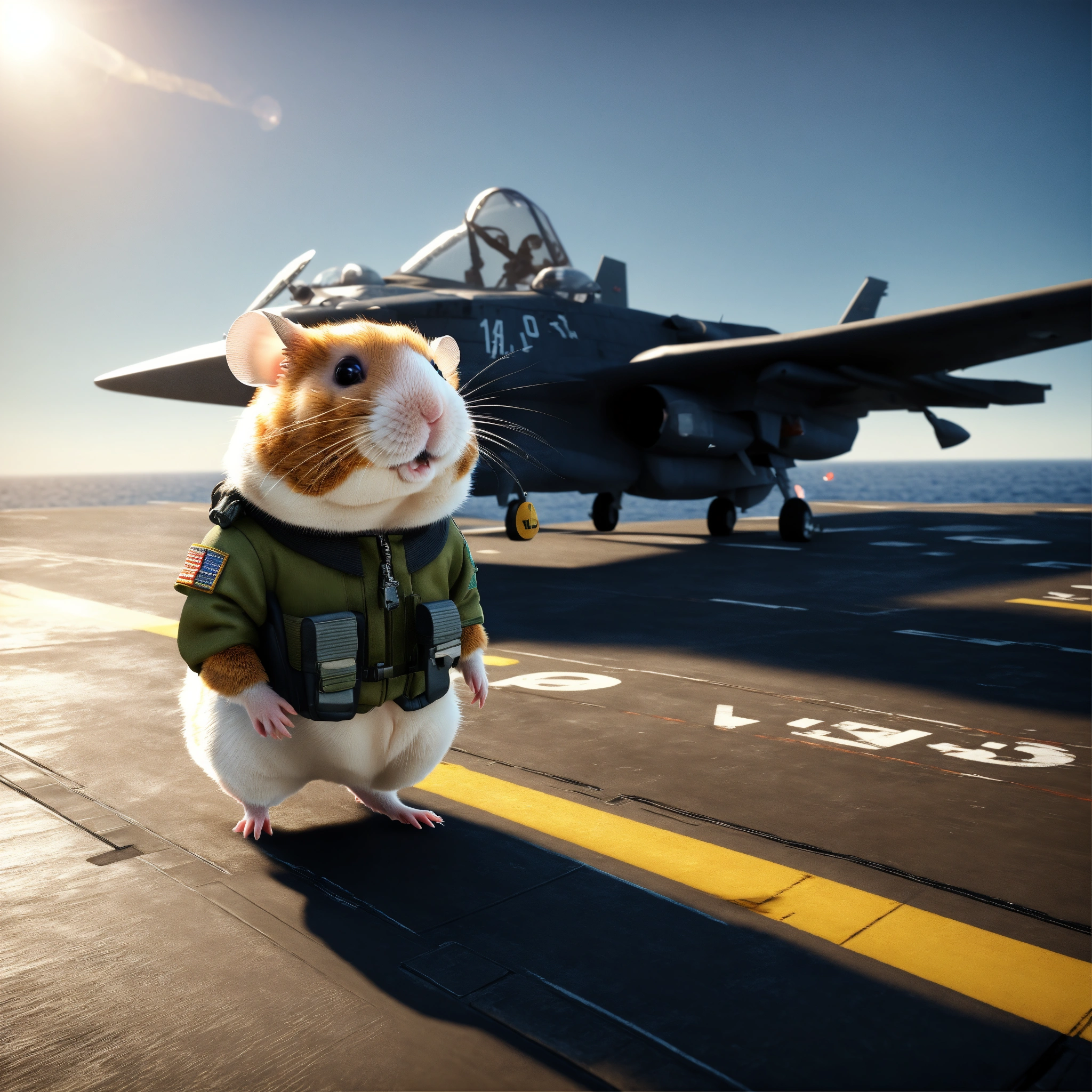 Lexica - A cute fluffy hamster pilot walking on a military aircraft ...
