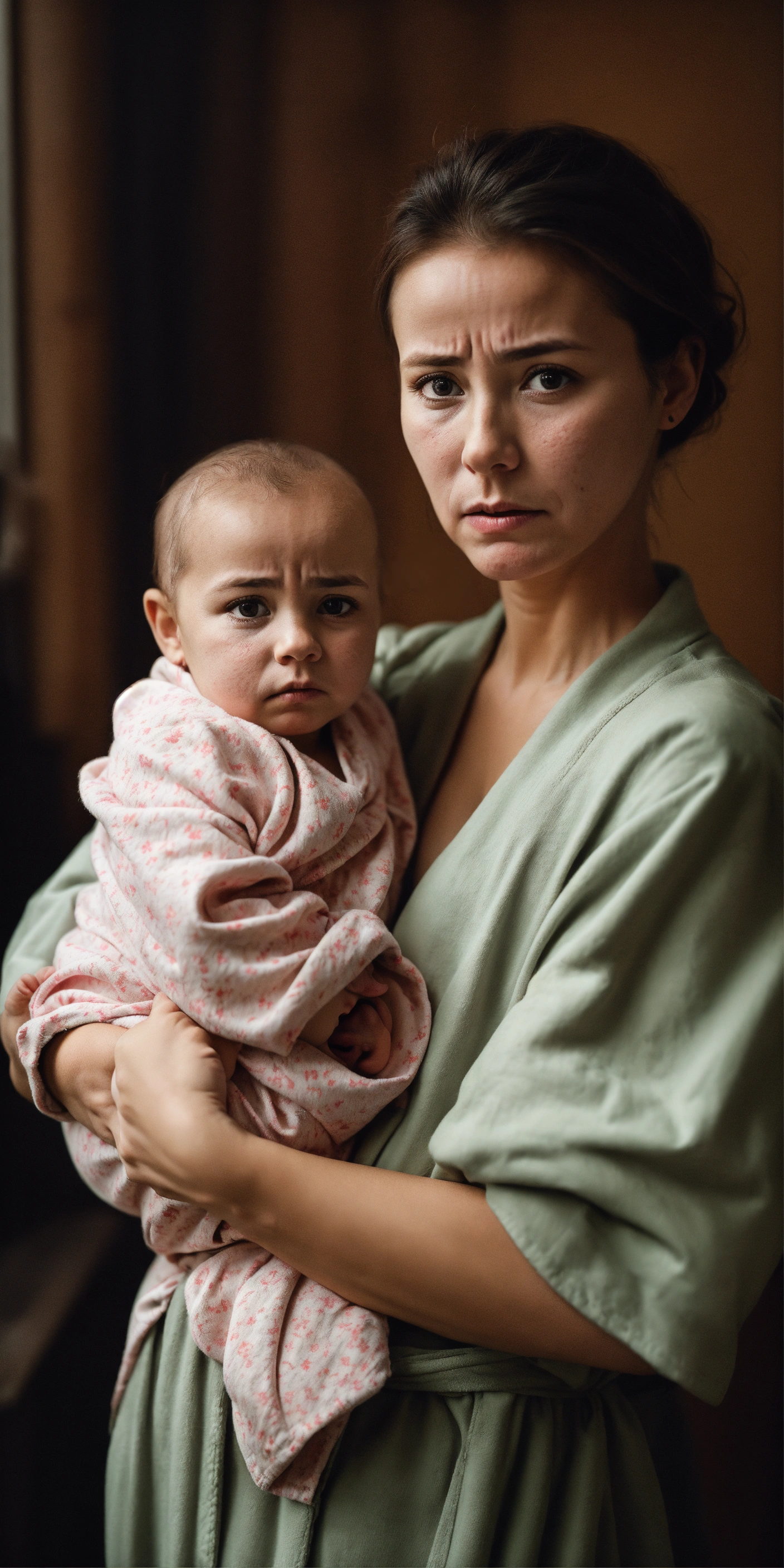 Lexica - A sad woman in a housecoat with a sad and pitiful face holds ...