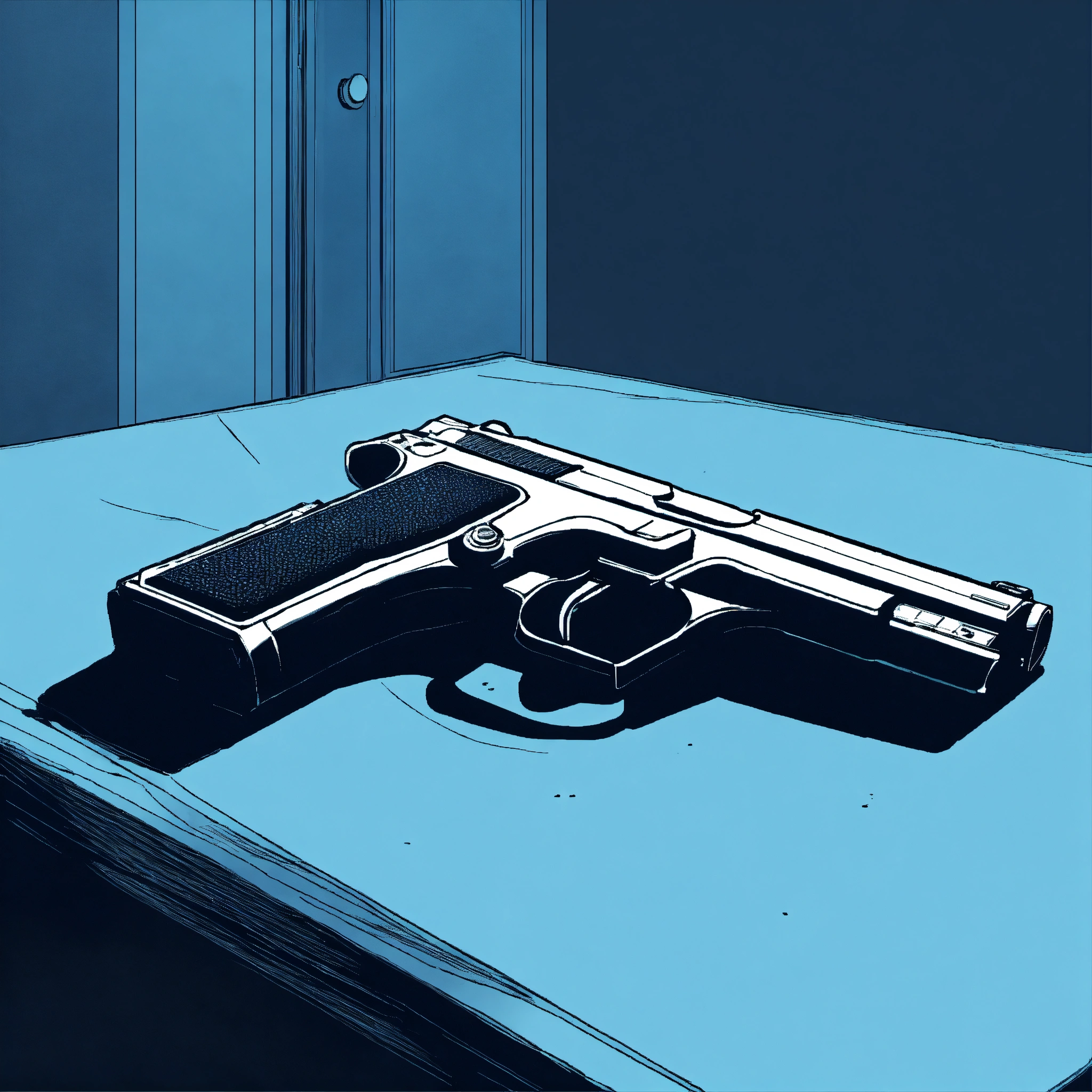 Lexica - Crime screen gun on table, detective lineart moody blue simple