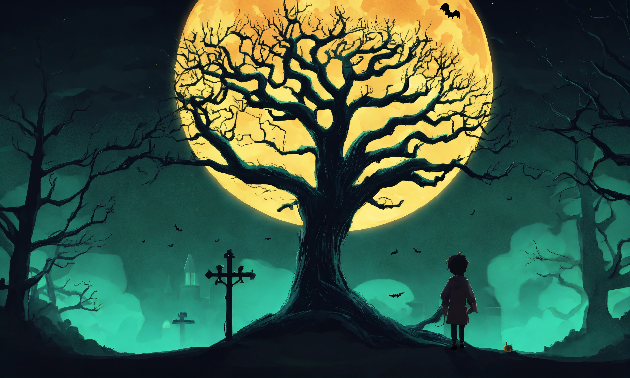 Lexica - A spooky tree waved at the main character at night, style of ...