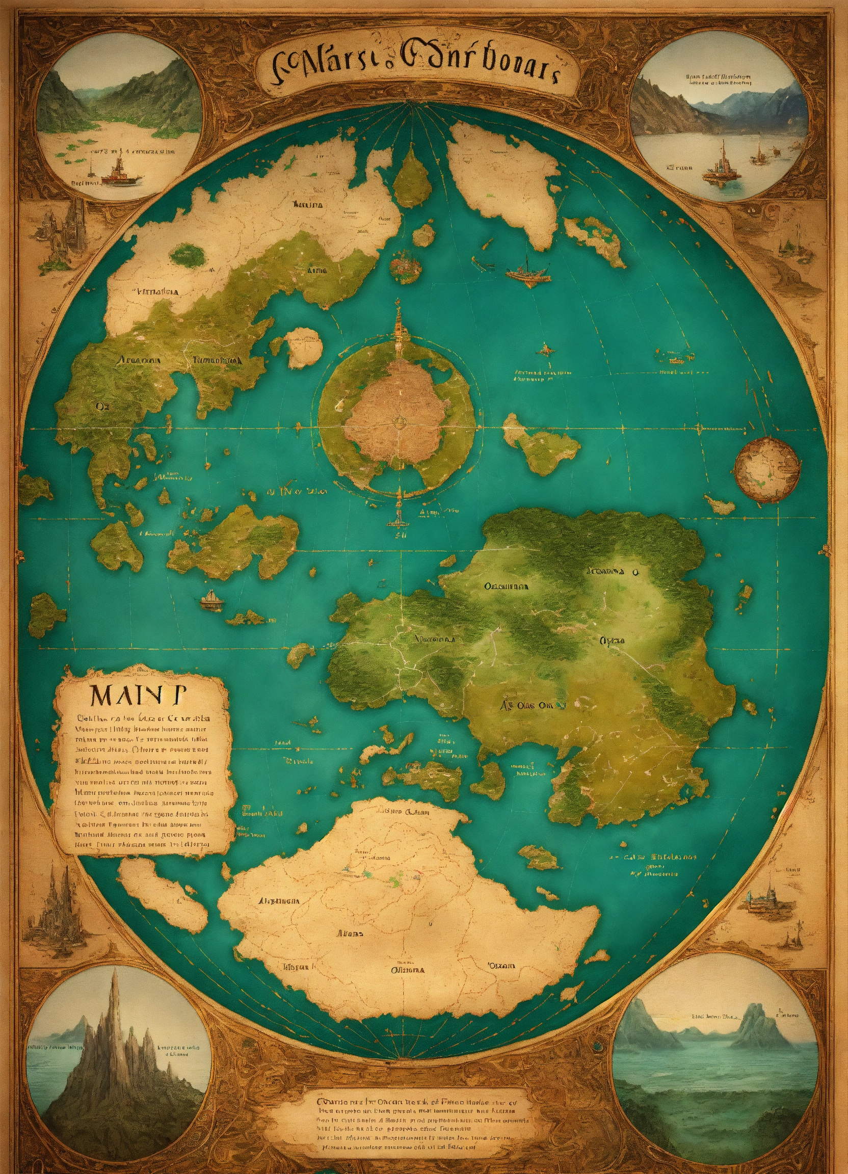 Lexica - Map of a fantasy planet with 4 continents, 3 oceans, many forests