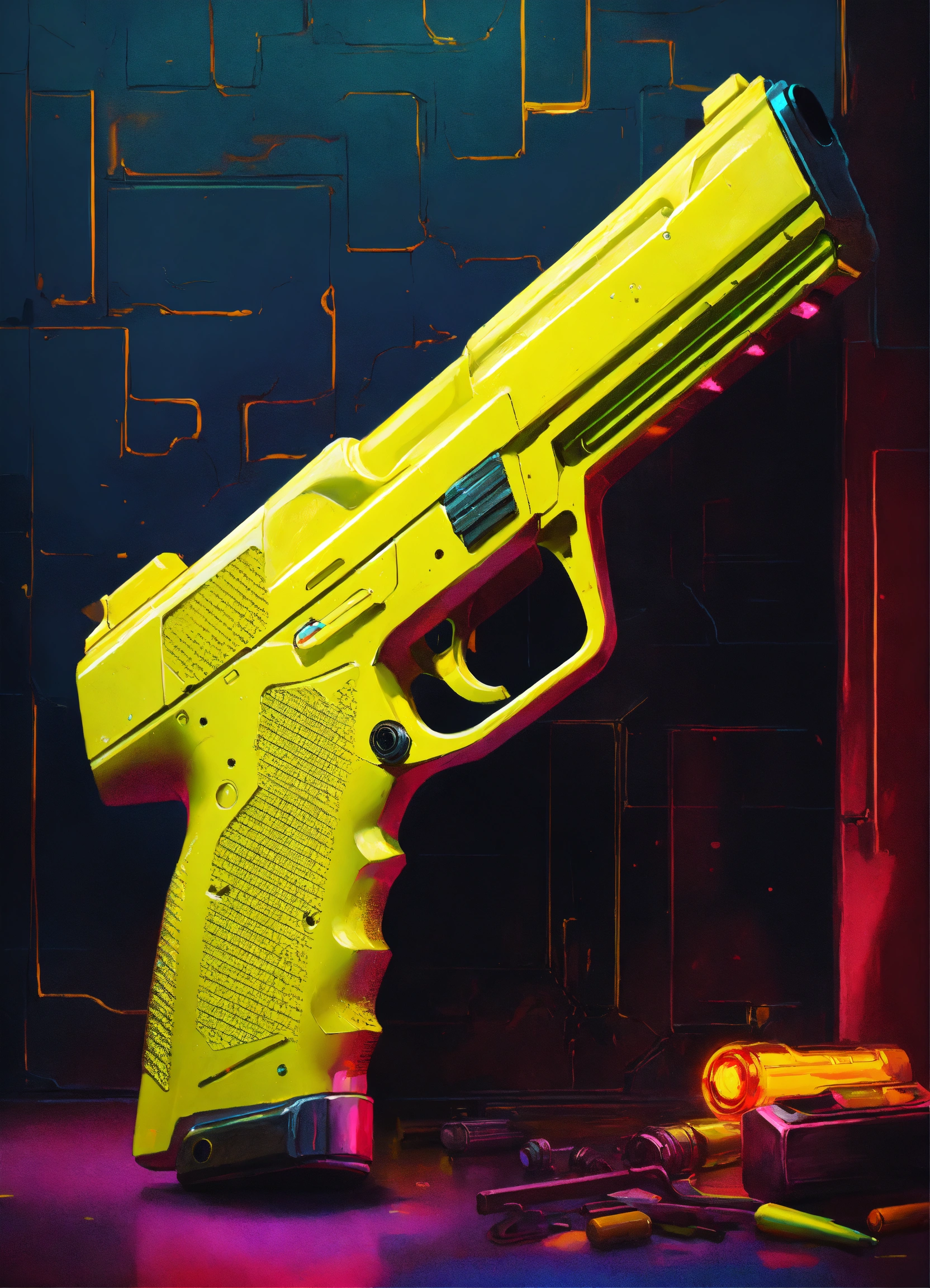 Lexica - Neon slightly glowing bright yellow cyberpunk handgun hyper ...