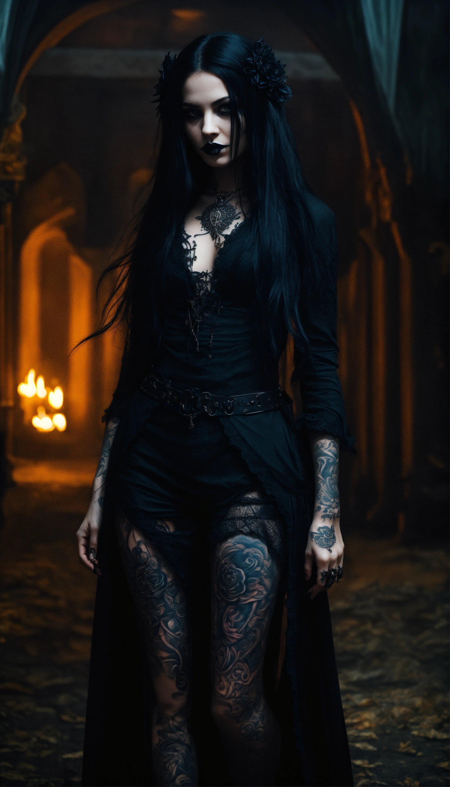 Lexica - A scary girl, full body, pale skin, long crazy black hair ...