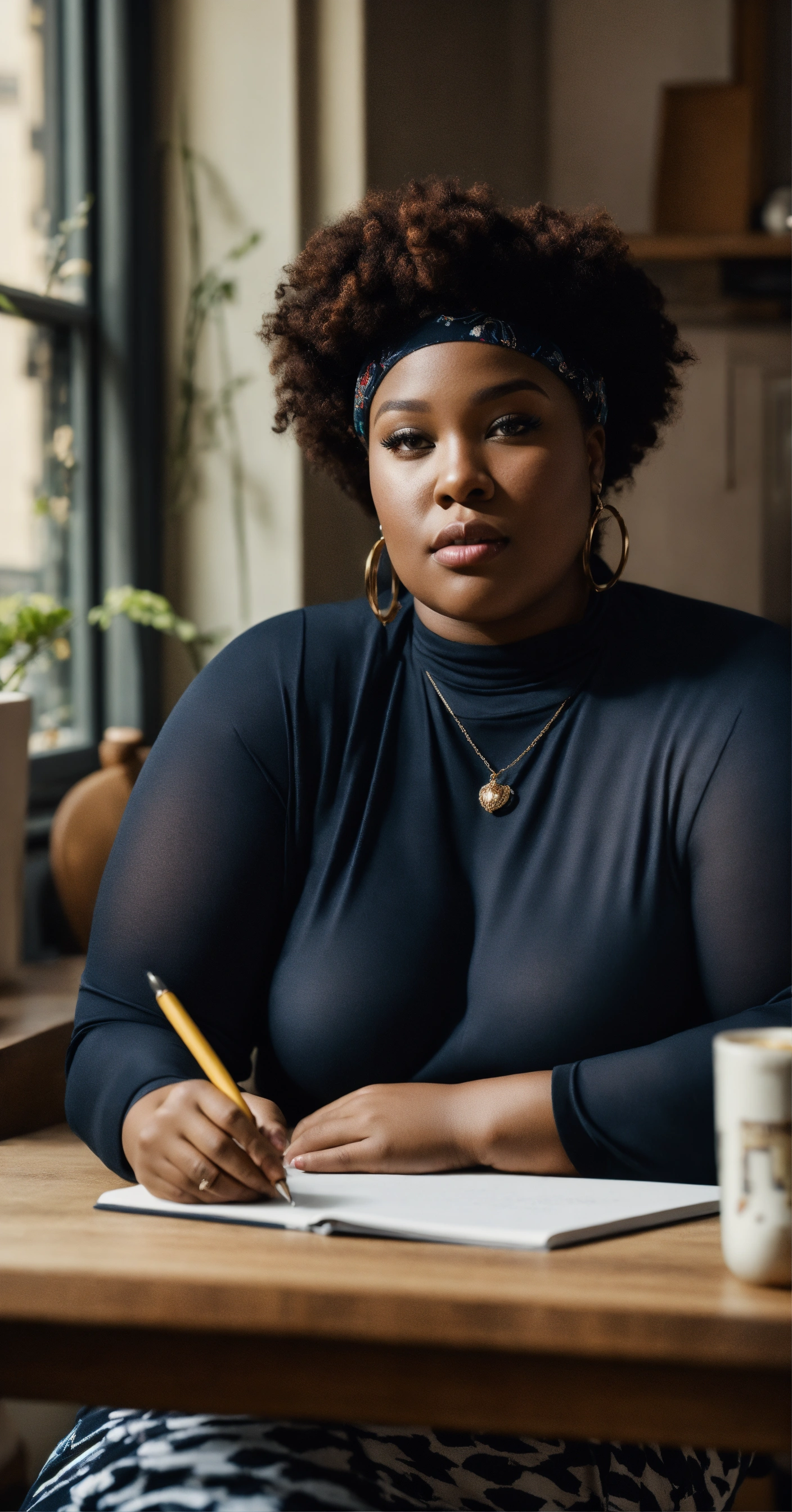 Lexica Fashion Portrait Of Plus Size Black Woman Sitting A Kitchen
