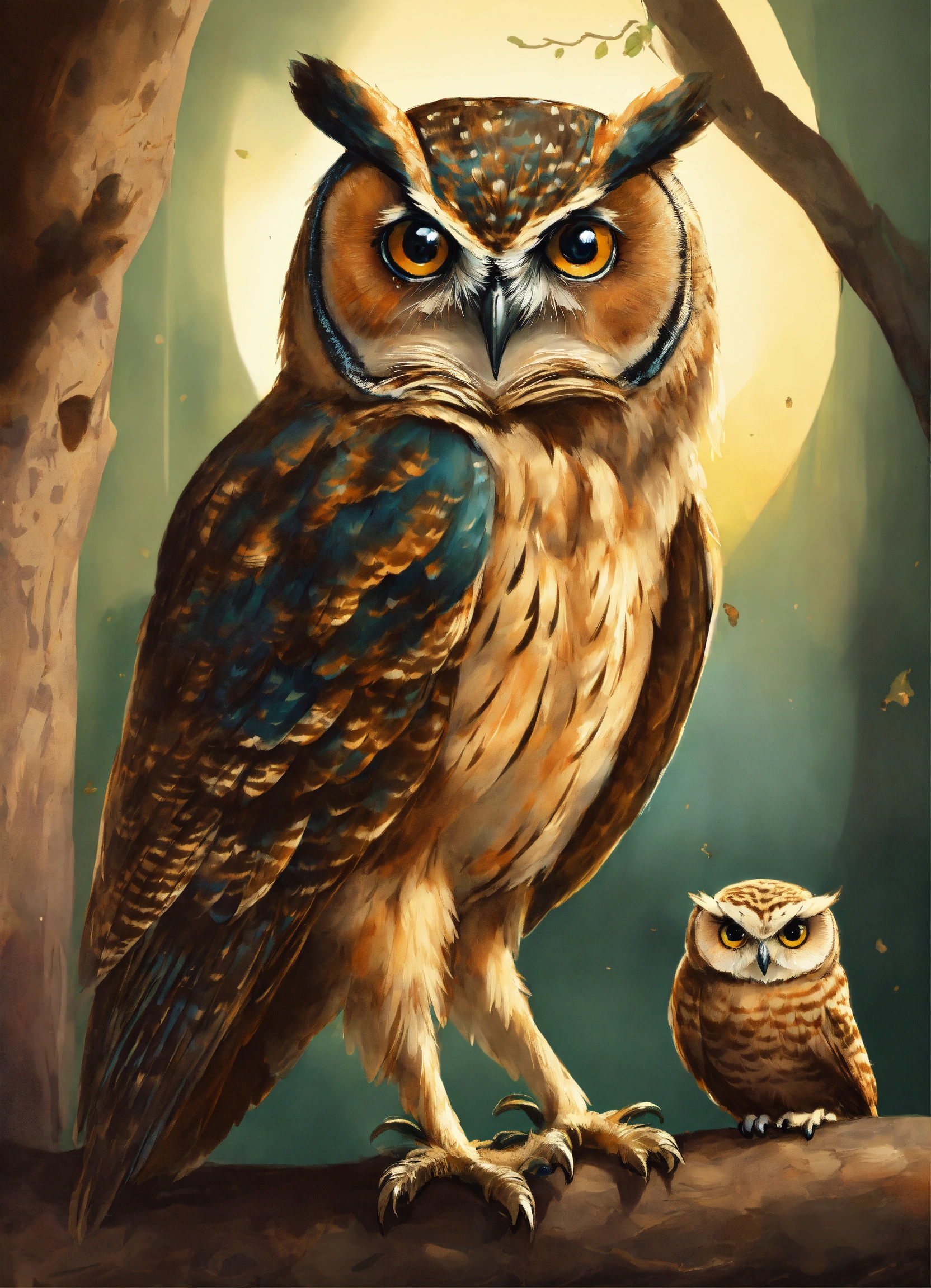 Lexica - Portrait of a small and a large owl, the small owl crying with ...