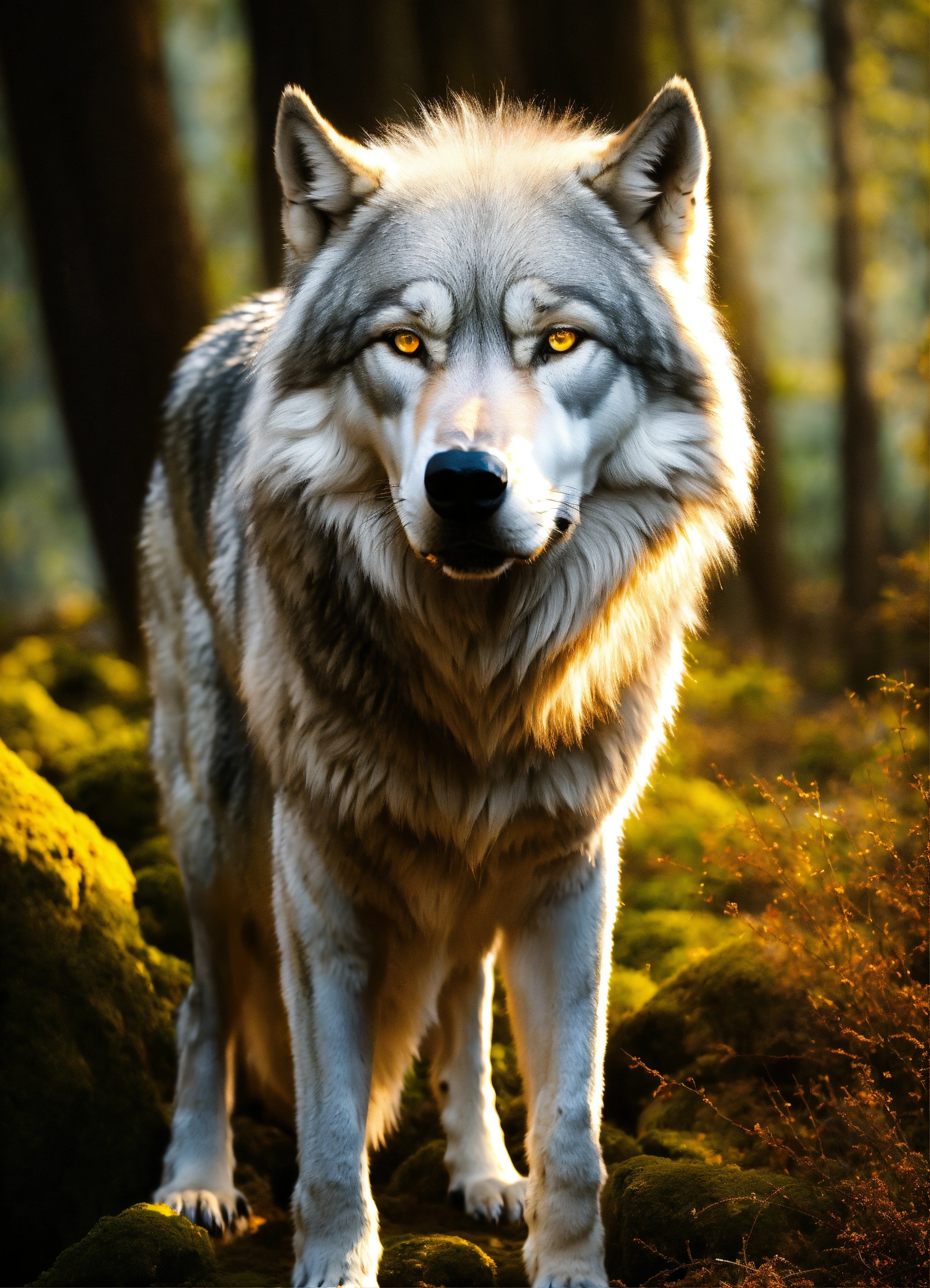 Lexica - Very large silver wolf with amber eyes. Almost human looking ...