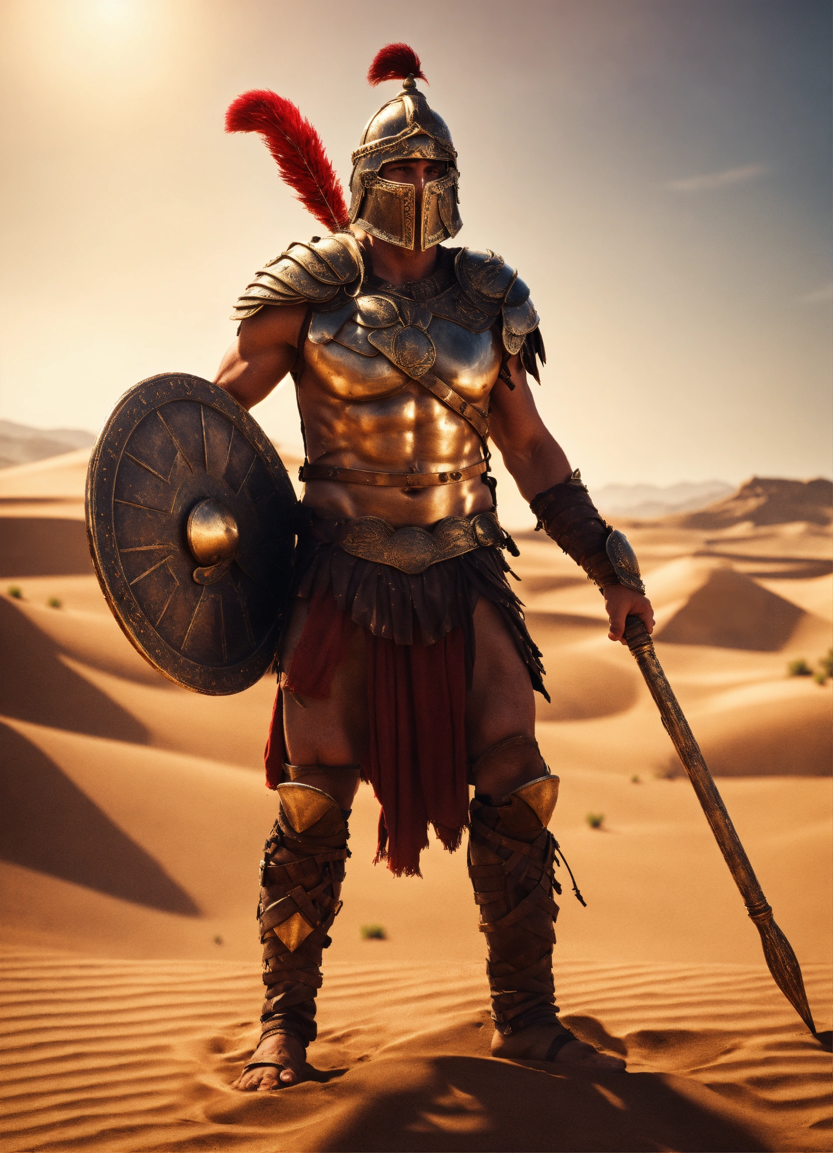 Lexica - A realistic desert with a gladiator full body staff in his ...