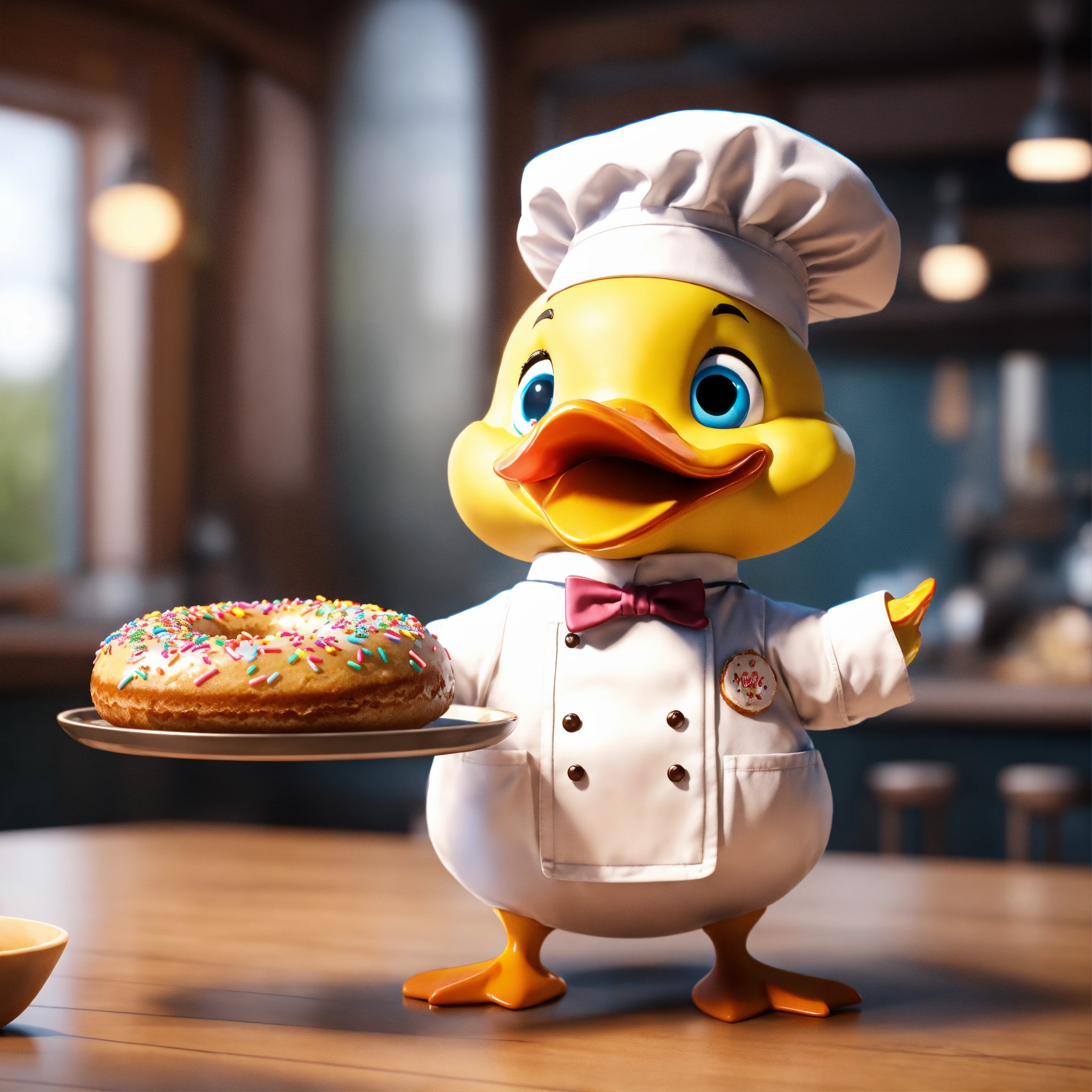 Lexica - A cute duck wearing a chef uniform holding a donut, unreal ...