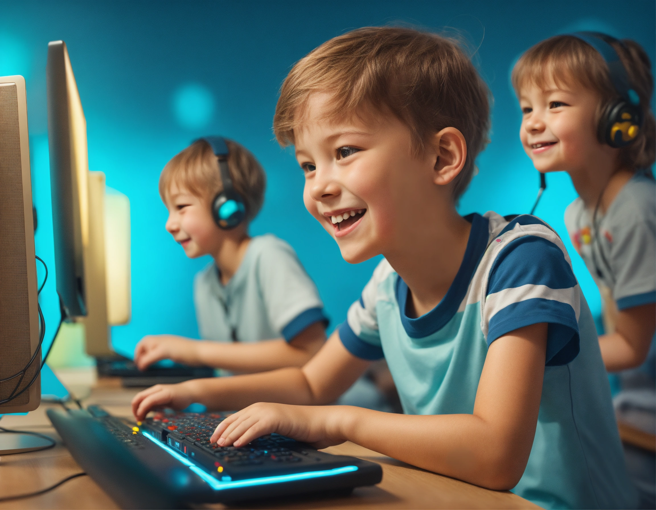 Lexica - Cyan background, Russian children playing computer games ...