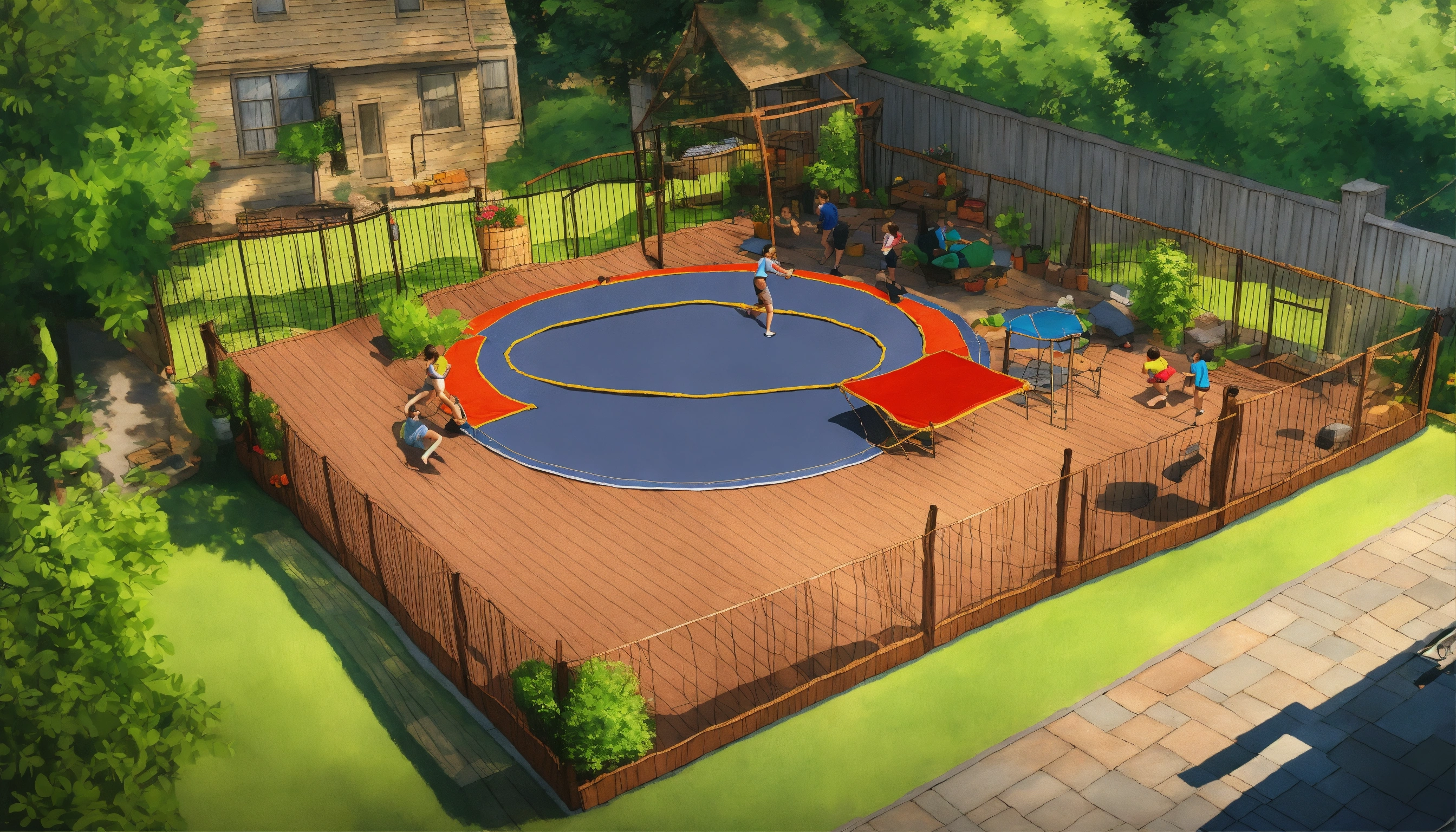 Lexica - Backyard trampoline beautiful illustration, intricate details