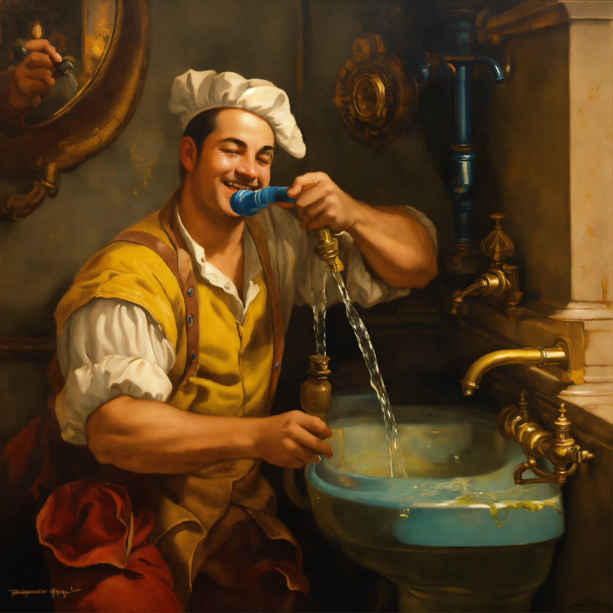 Lexica - A happy plumber Plugging Water Leak oil painting baroque