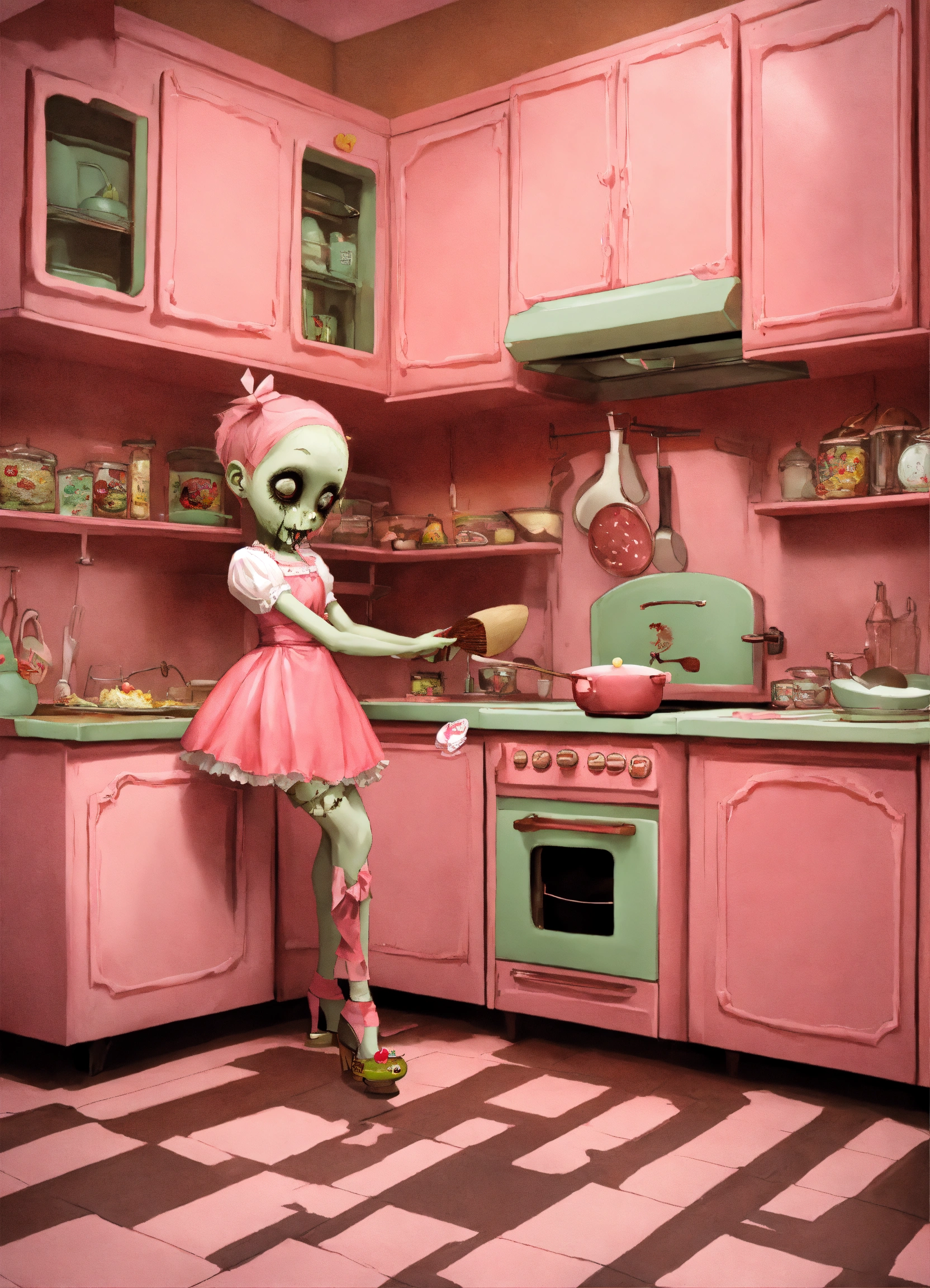 Lexica - Cute zombie girl in a pink kitchen cooking their meal by mark ...
