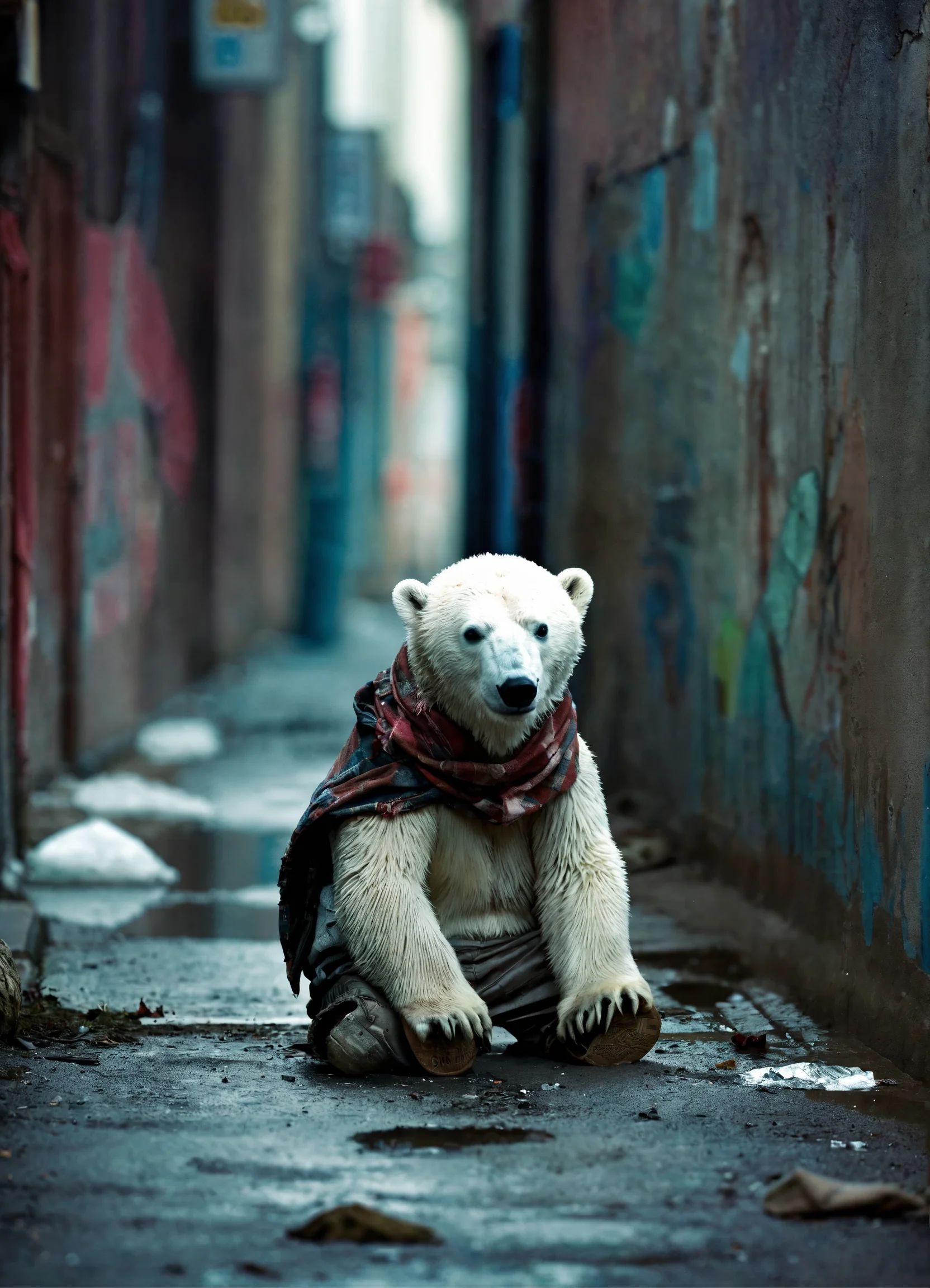 Lexica - Cute Polar bear, dressed as a homeless person, in a dirty alley