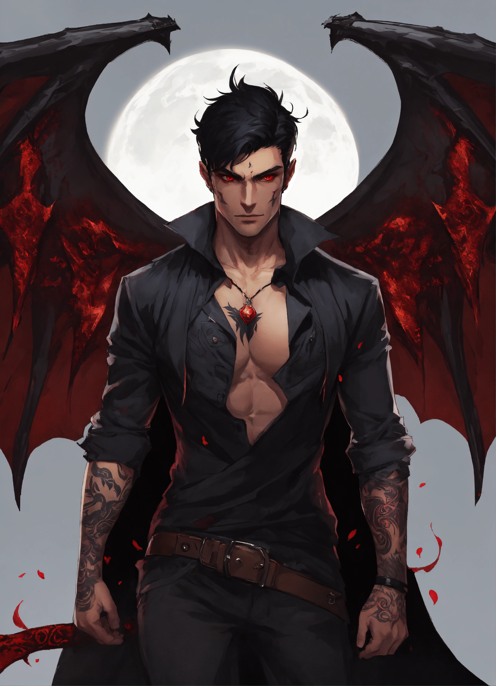 Lexica - A handsome half demon man with huge bat wings, red eyes and ...