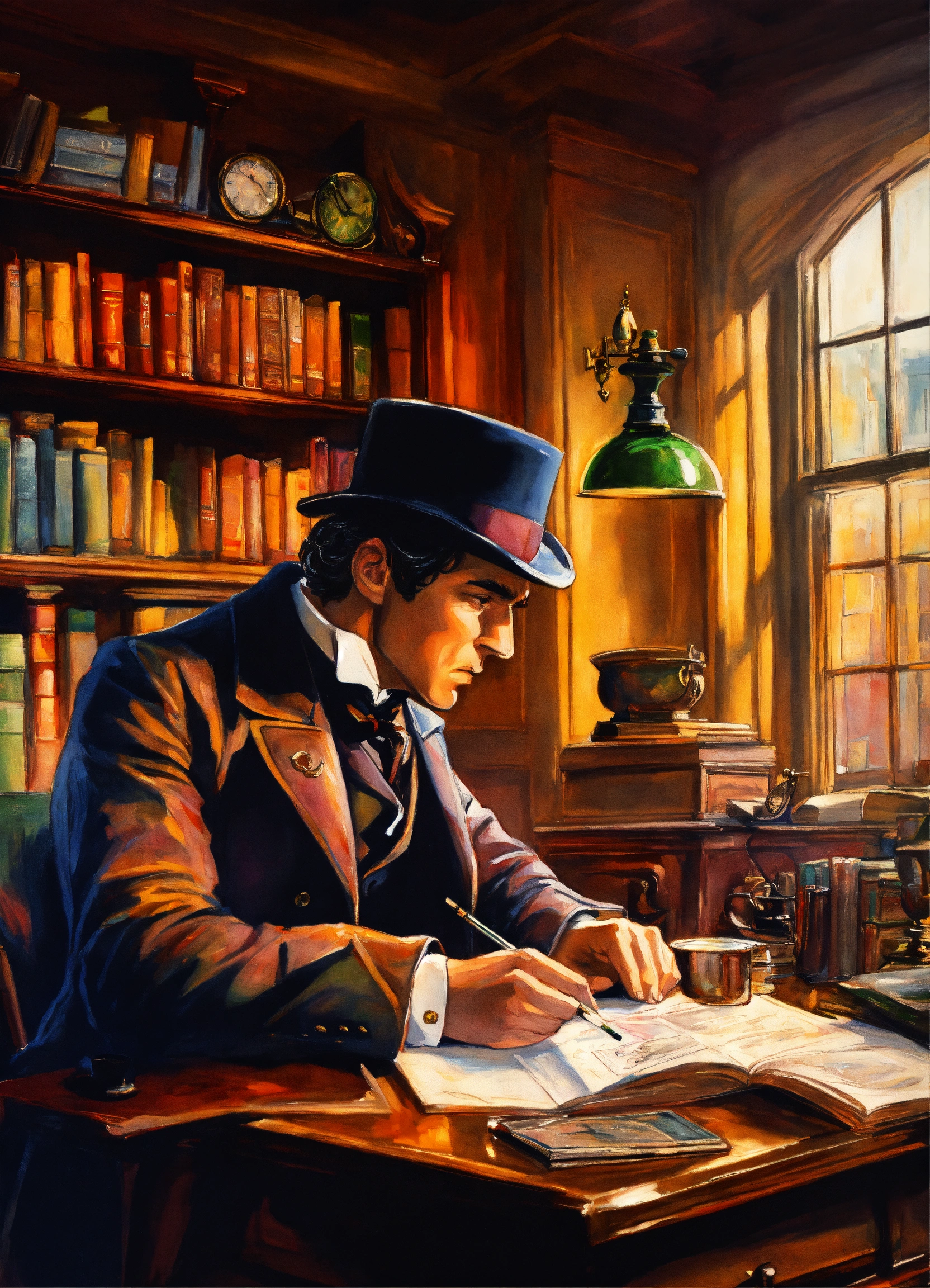 Lexica - A hand drawn painting of Sherlock Holmes sitting in his study ...