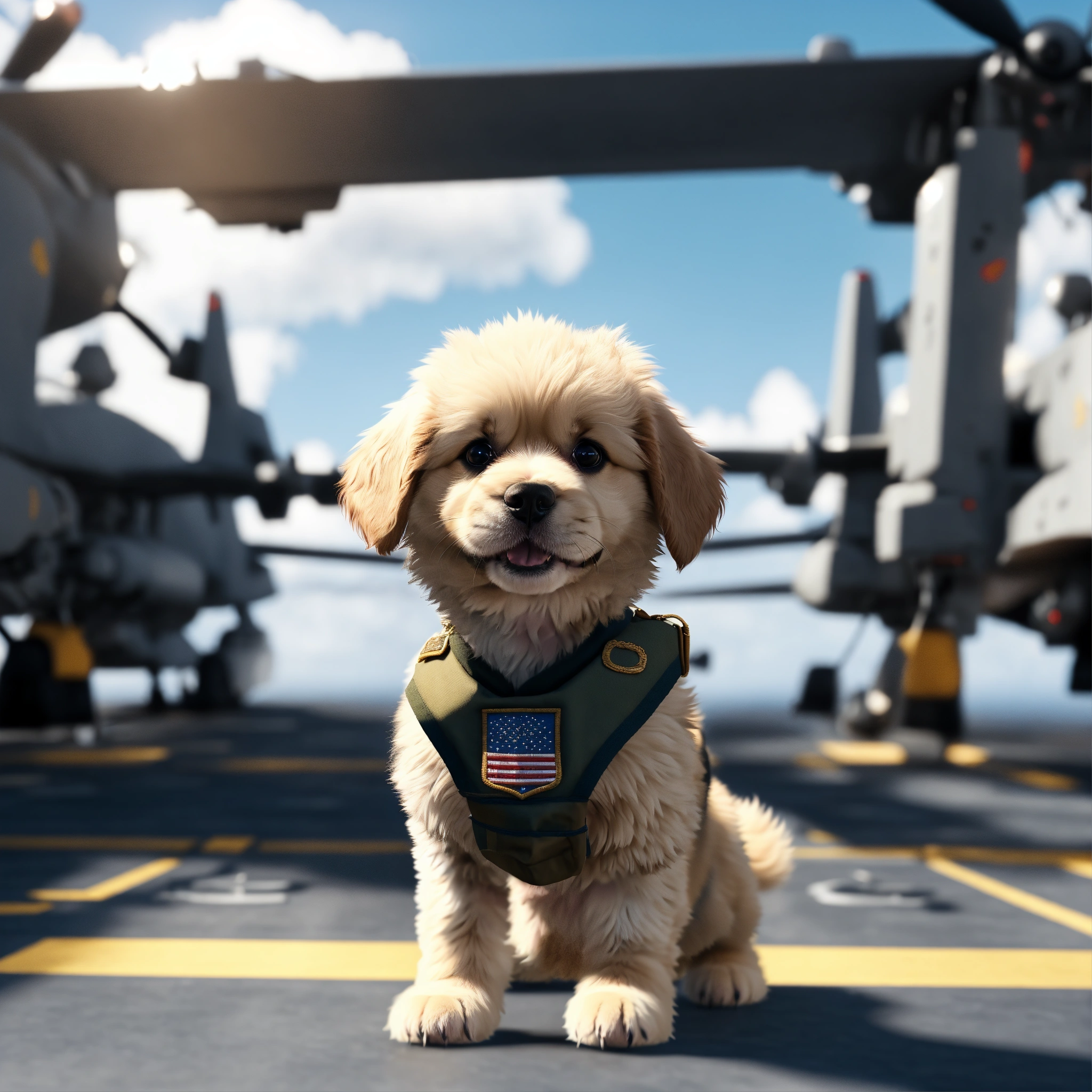 Lexica - A cute fluffy puppy captain walking on a military aircraft ...