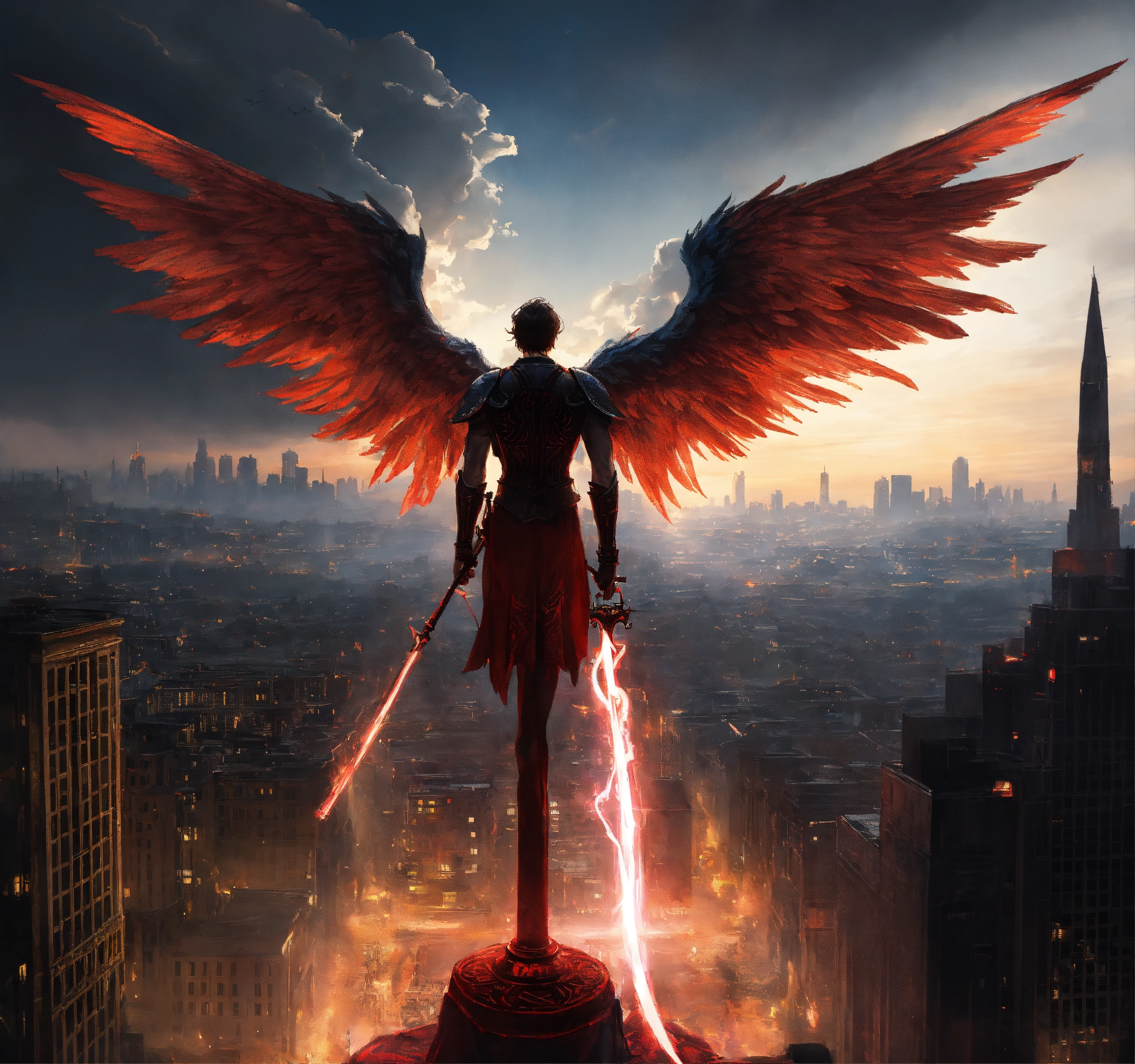 Lexica - An angel stands above a city, his left side ist evil with a ...