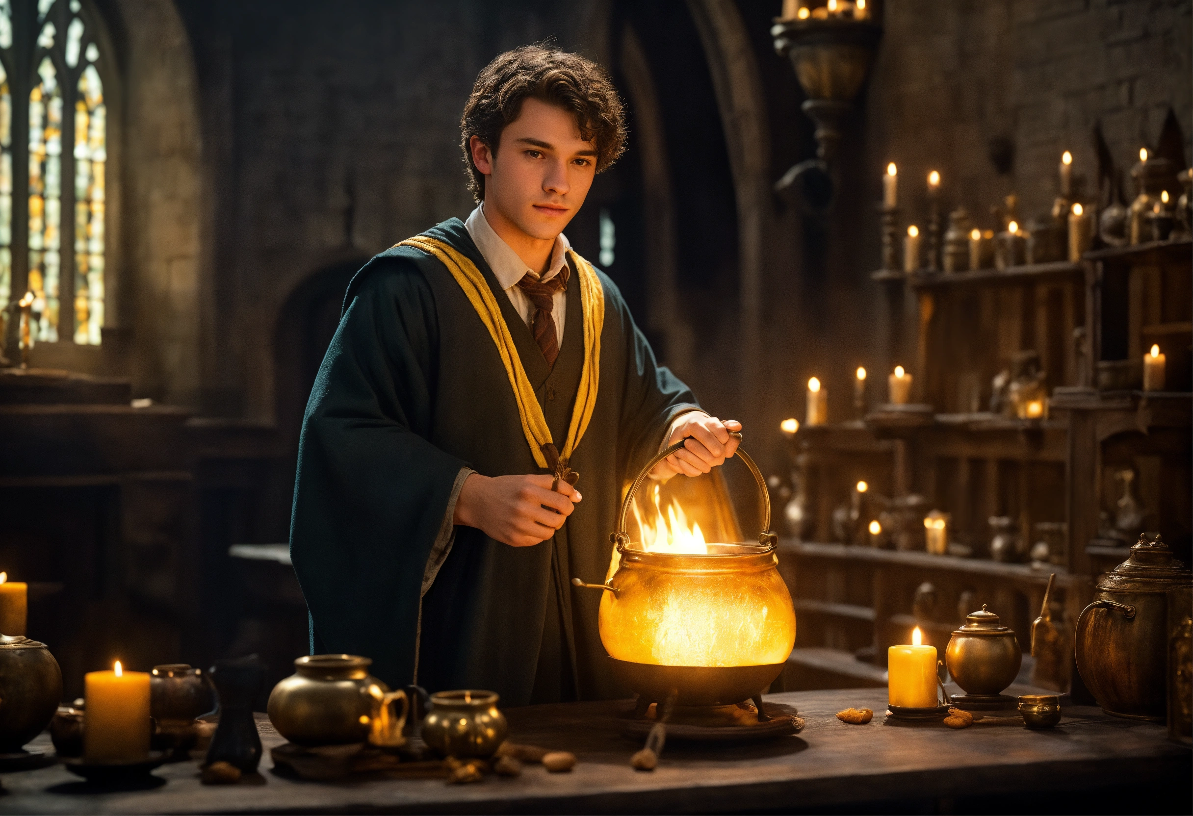 Lexica - Cute man young wizard, inside Hogwarts with a cauldron in his ...