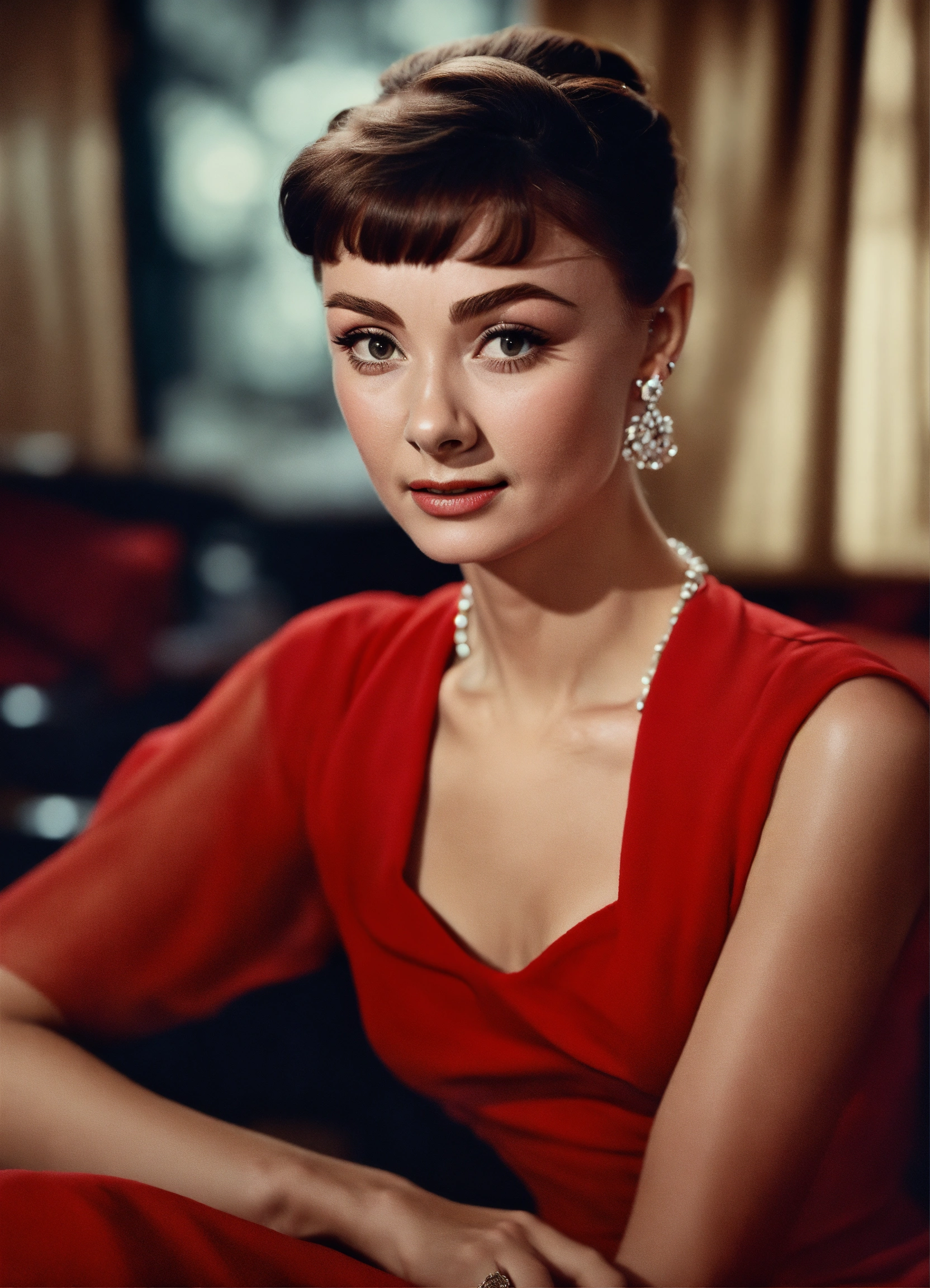 Lexica - Photorealistic, blackandwhite, Audrey Hepburn, red dress, 40s ...