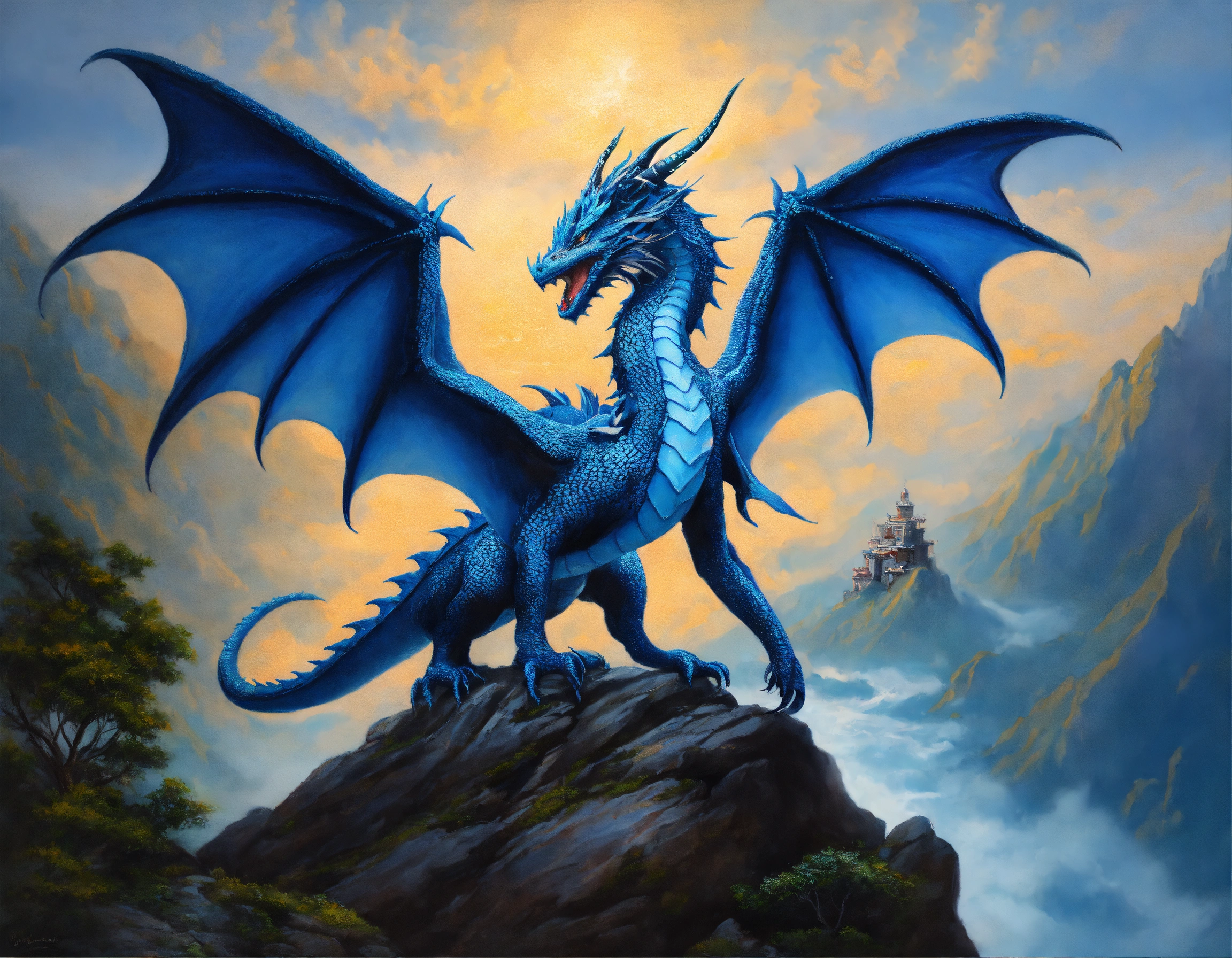 Lexica - Oil painting of two blue dragons touching each other on top of ...