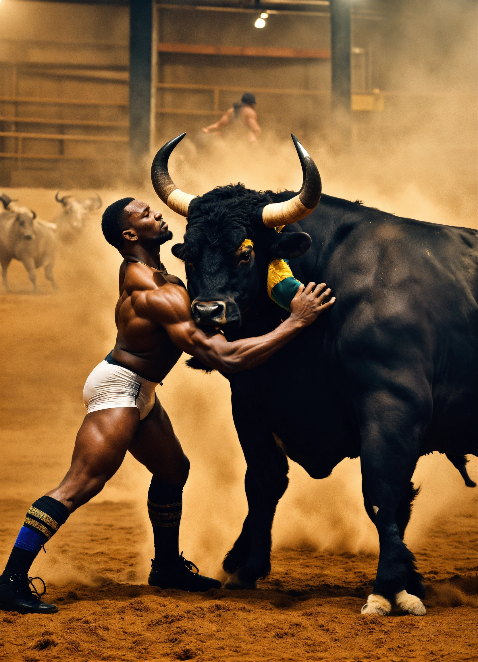 Lexica - A black wrestler suplexing a bull by the horns
