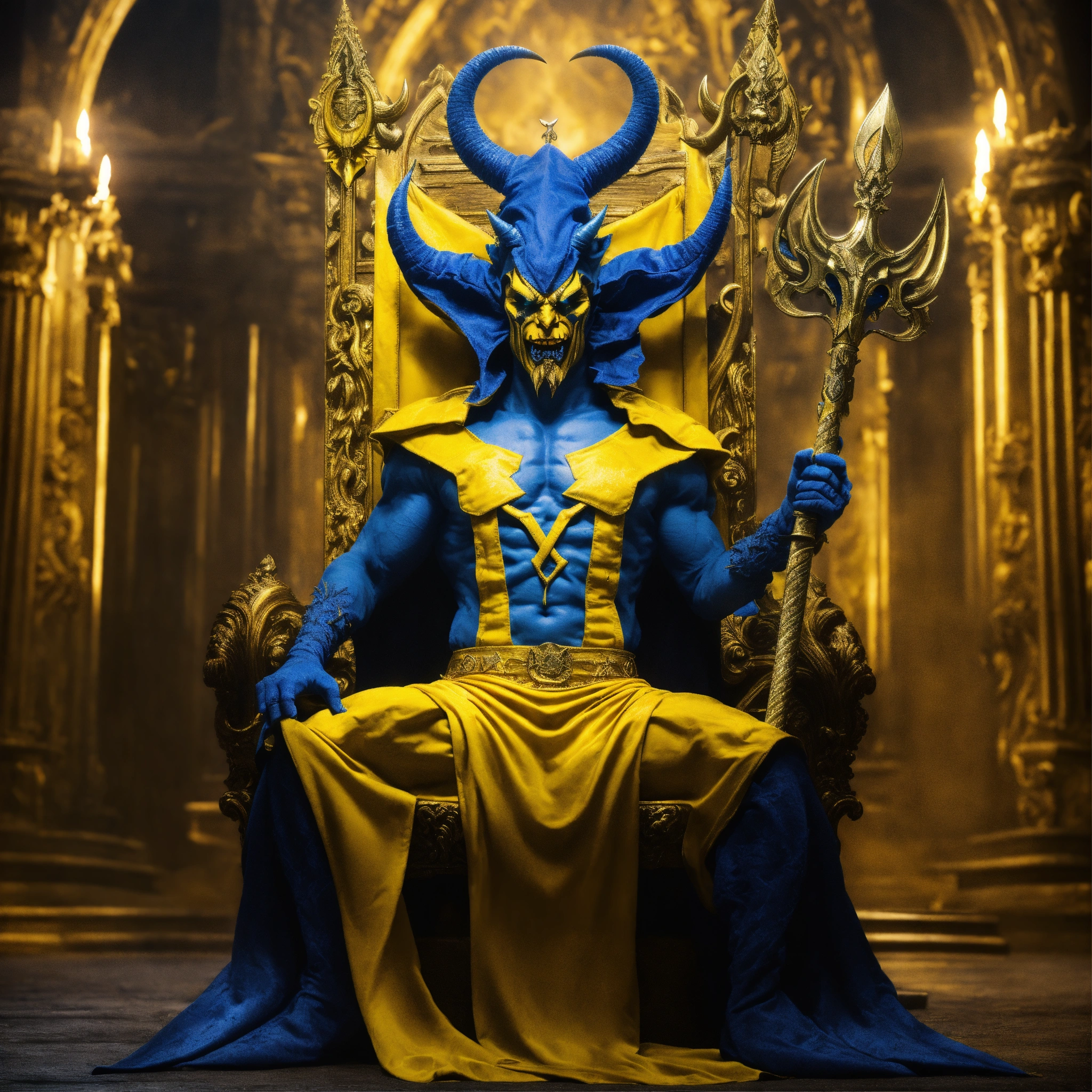 Lexica - Evil demonic yellow and blue devil, holding a trident, sitting ...
