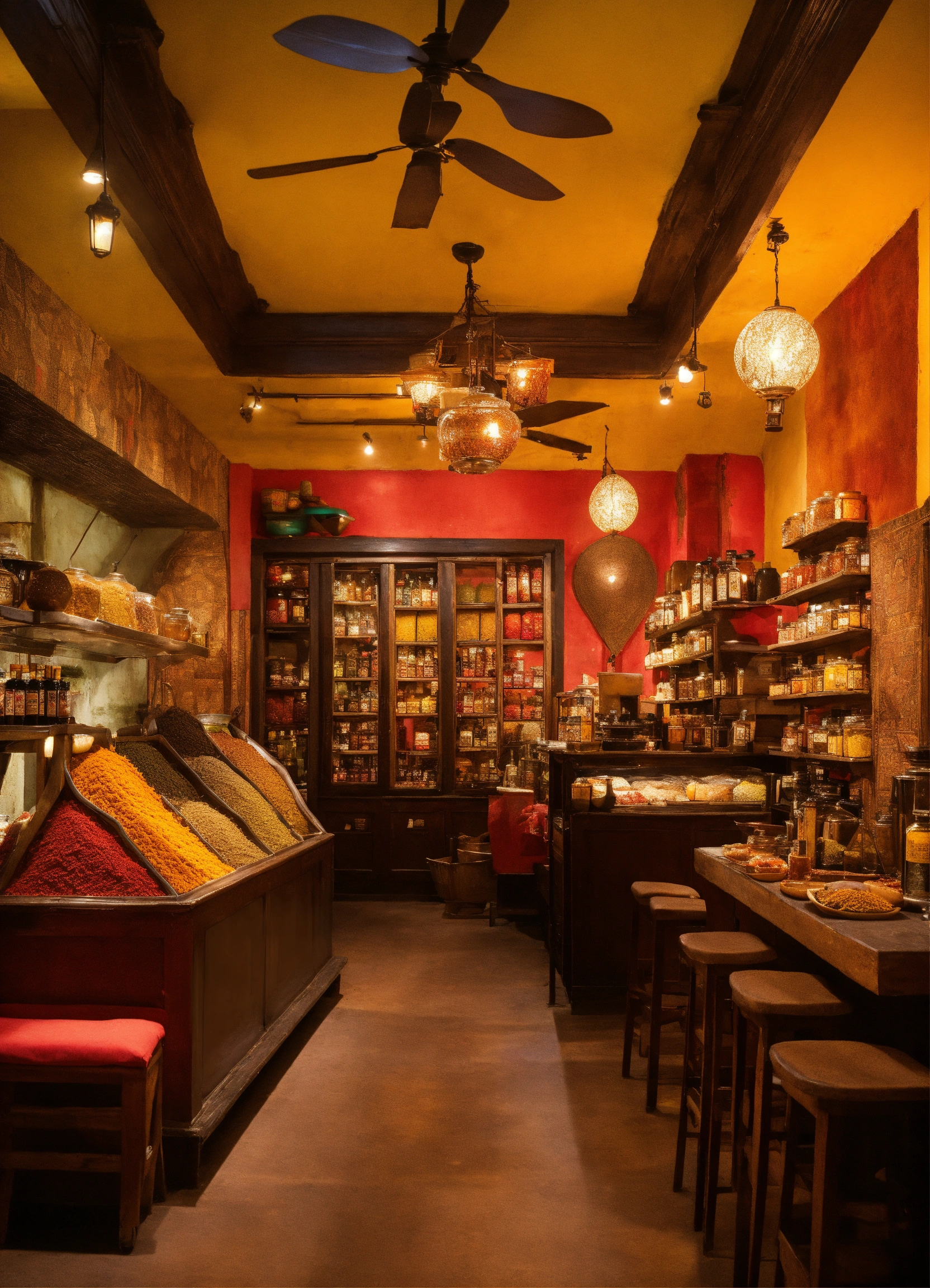 Lexica - Indian restaurant, a vibrant spice bazaar theme, a bicycle with small cart where diners ...