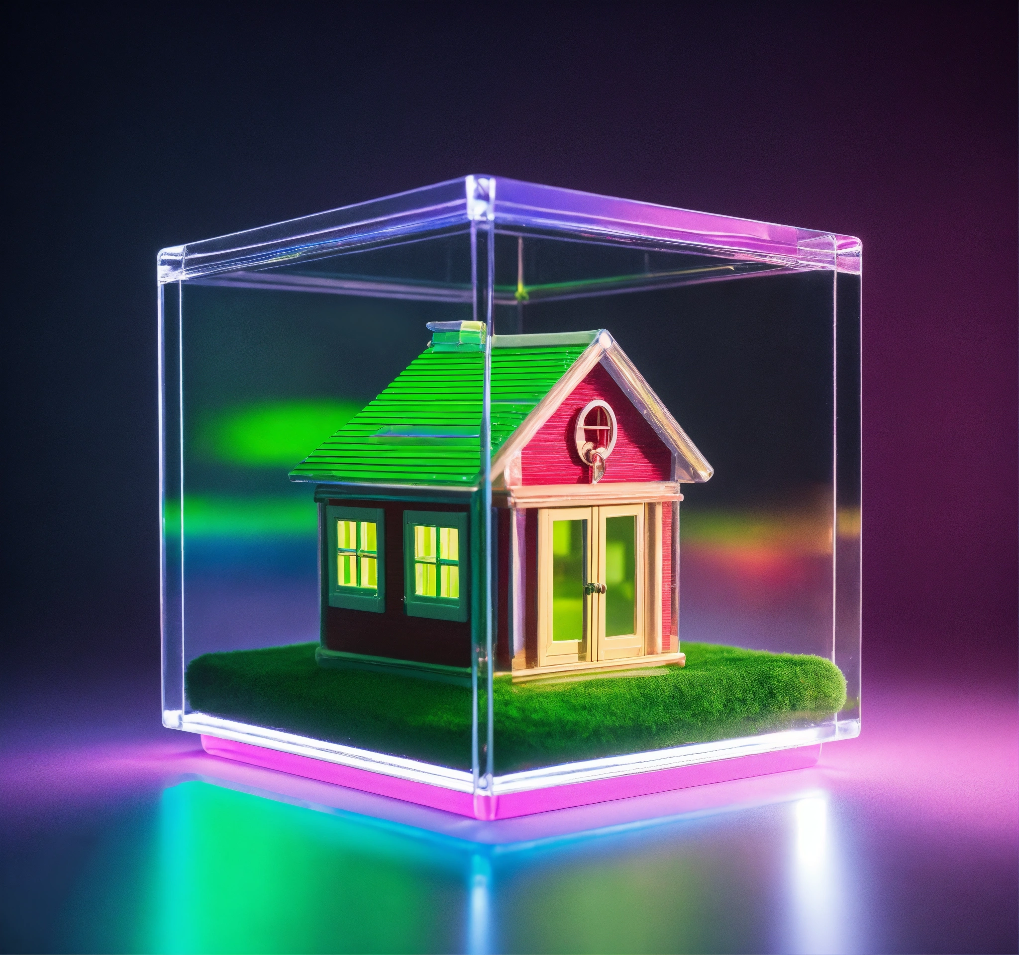Lexica - Cube, 4k, small house inside cube!, clear plastic, iridescent ...