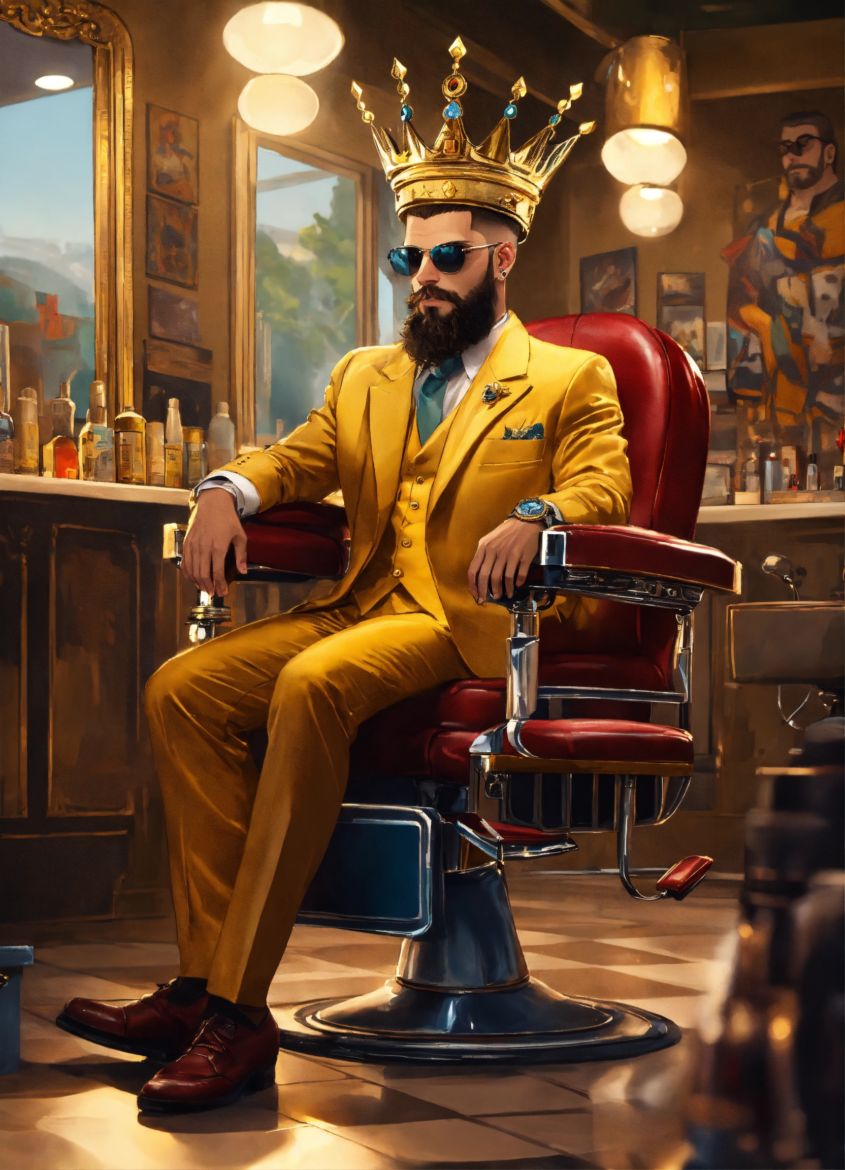 Lexica - A cool barberman wearing golden crown over his head sitting on ...