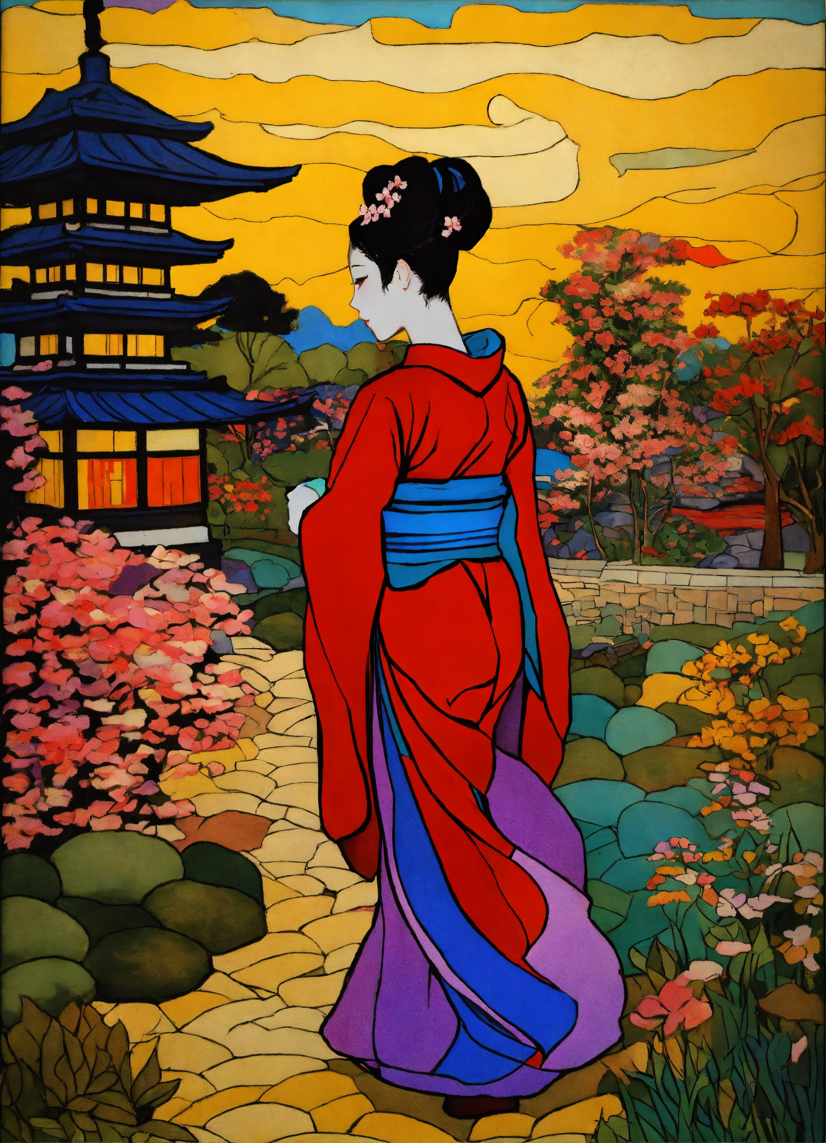 Lexica - Drawing of a geisha walking at sunset through a Japanese ...