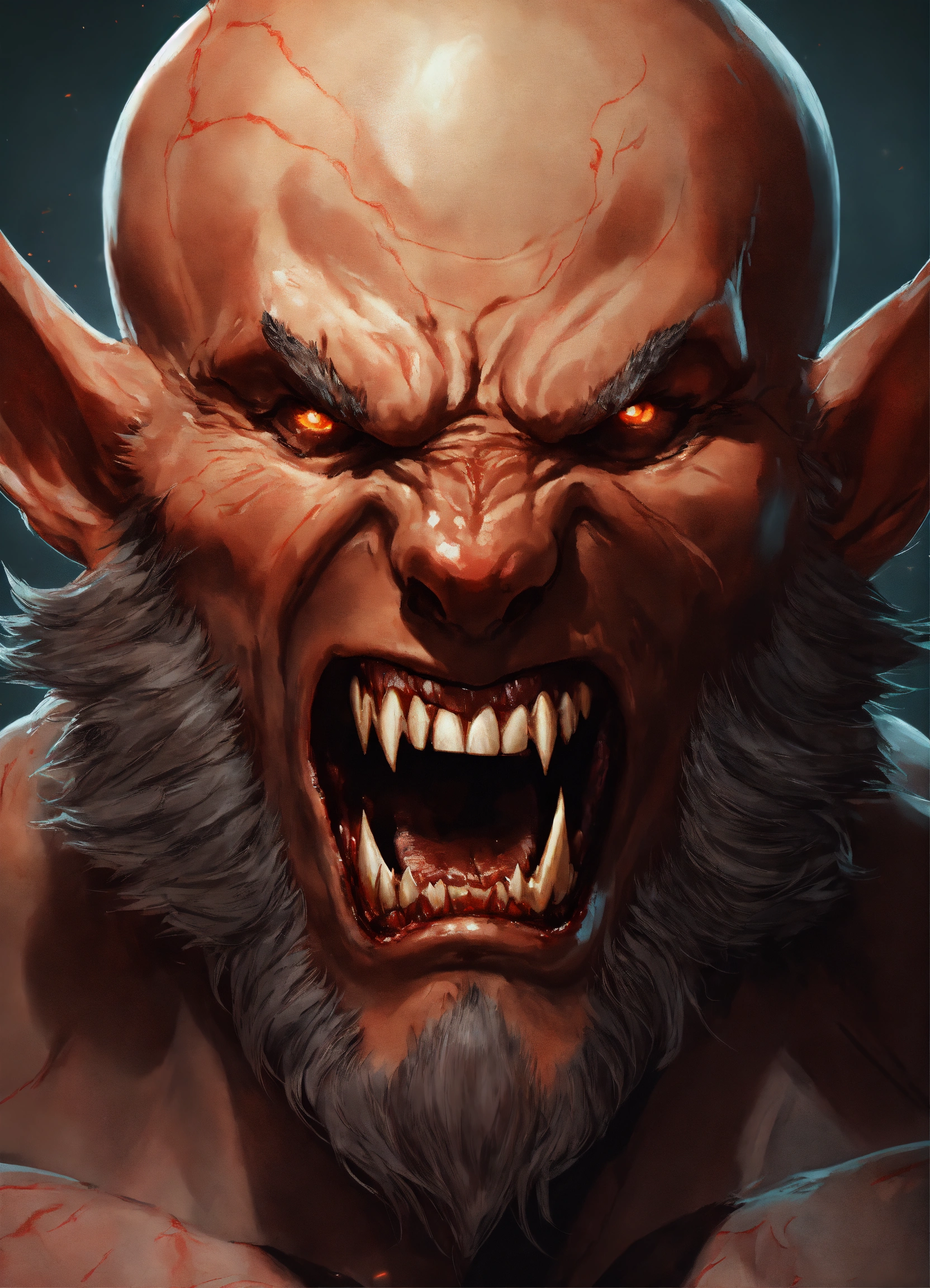 Lexica - A young bald man with beard with sharp claws and bared fangs a ...