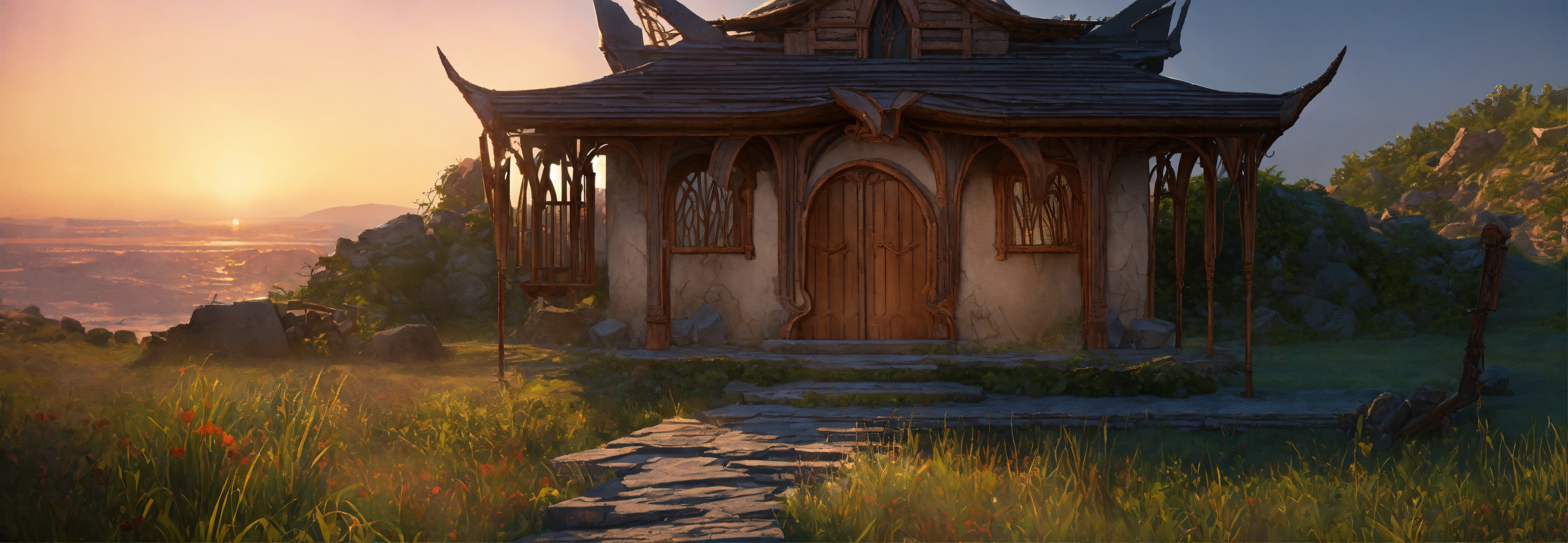 Lexica - CG render, an elven style hut in mystical ruins, with black ...