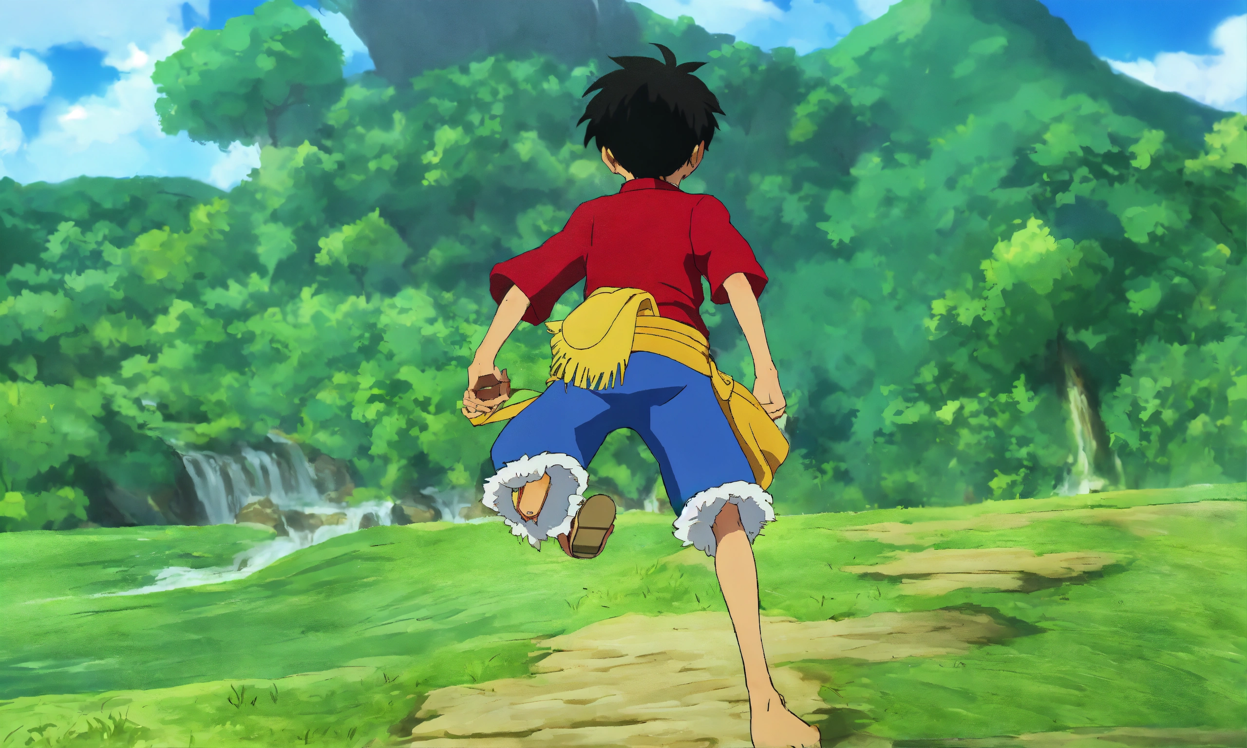 Lexica - Monkey D. Luffy running towards a waterfall in the background