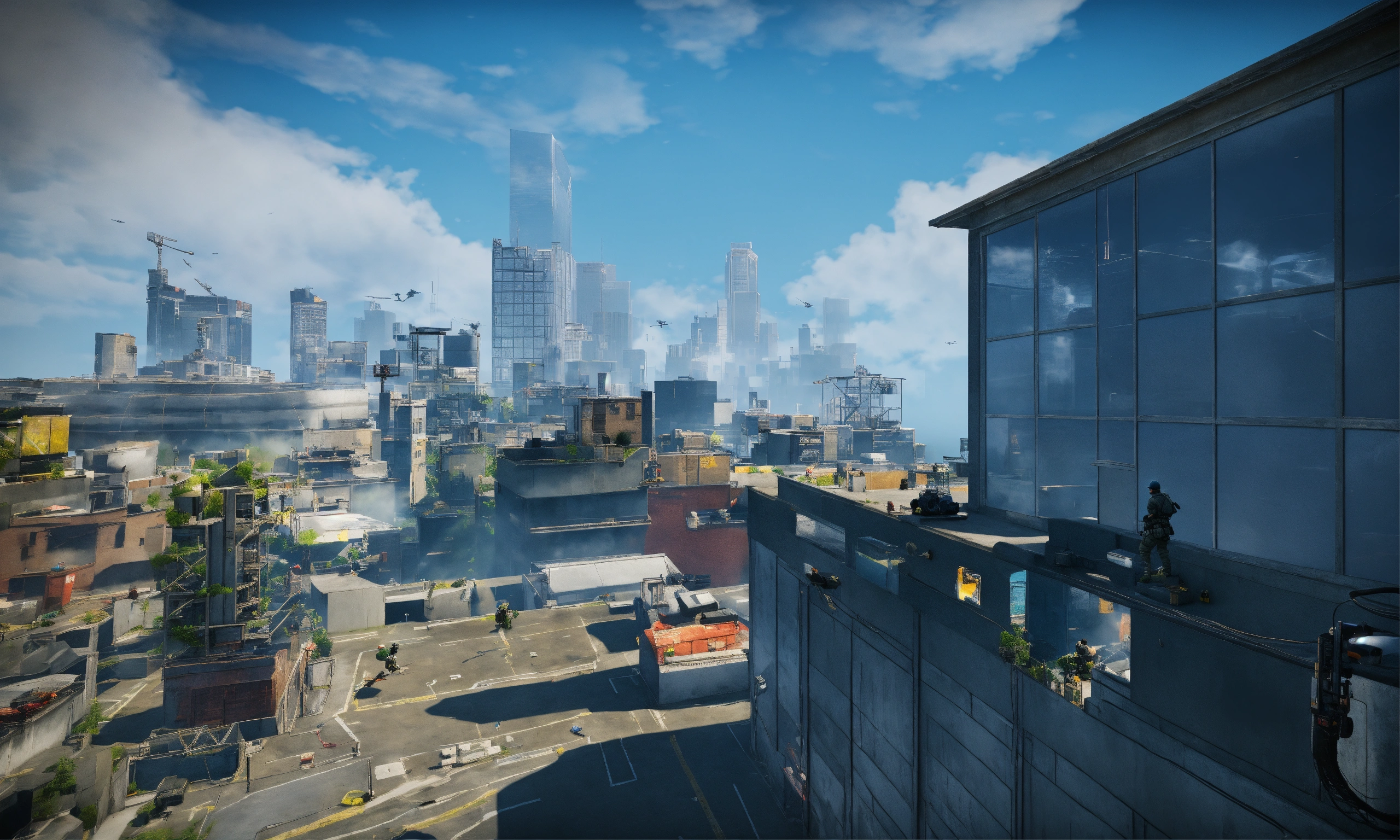 Lexica - Skyscraper rooftop, call of duty, blue sky, bright