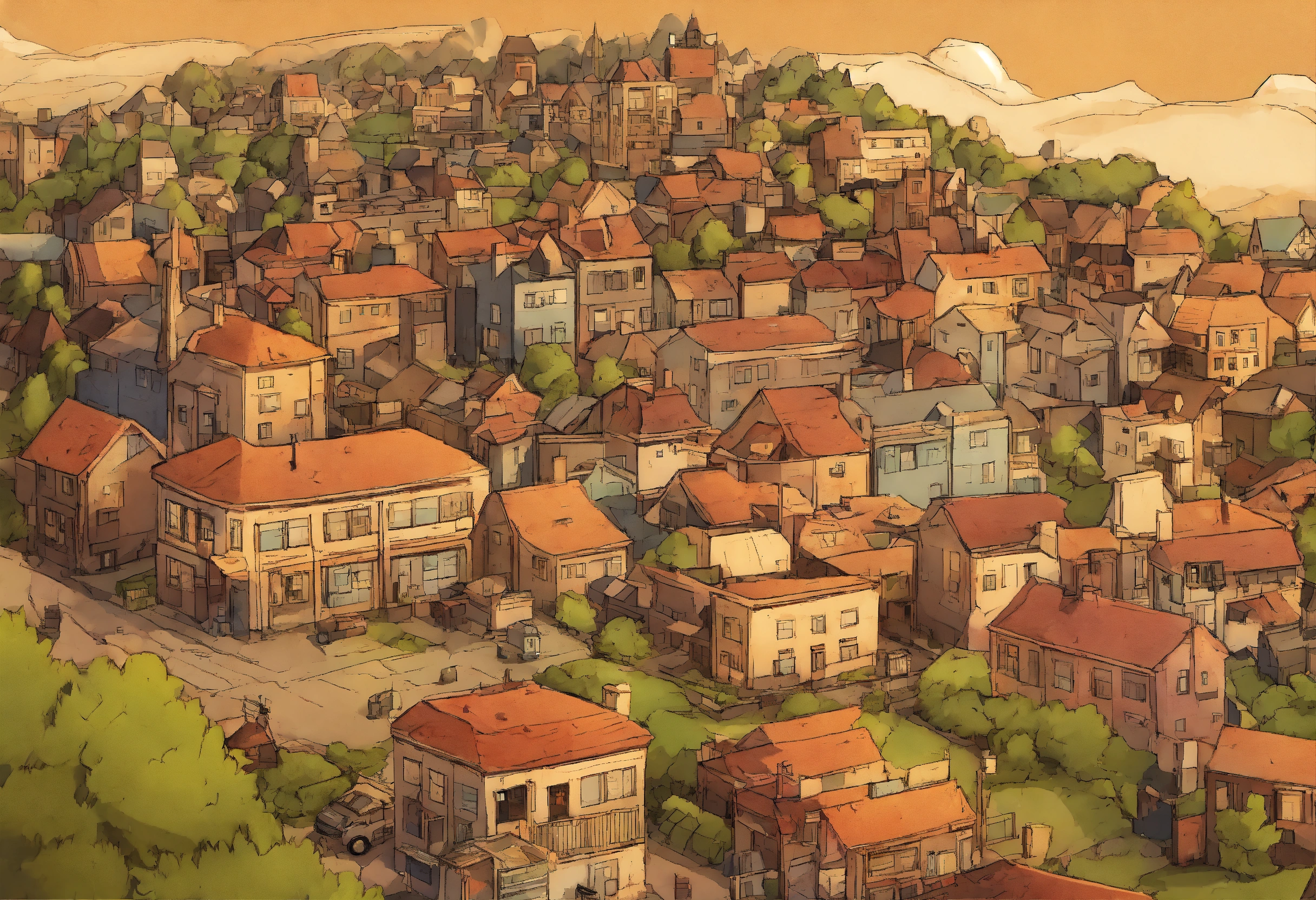 Lexica - A town from aerial perspective. comic style